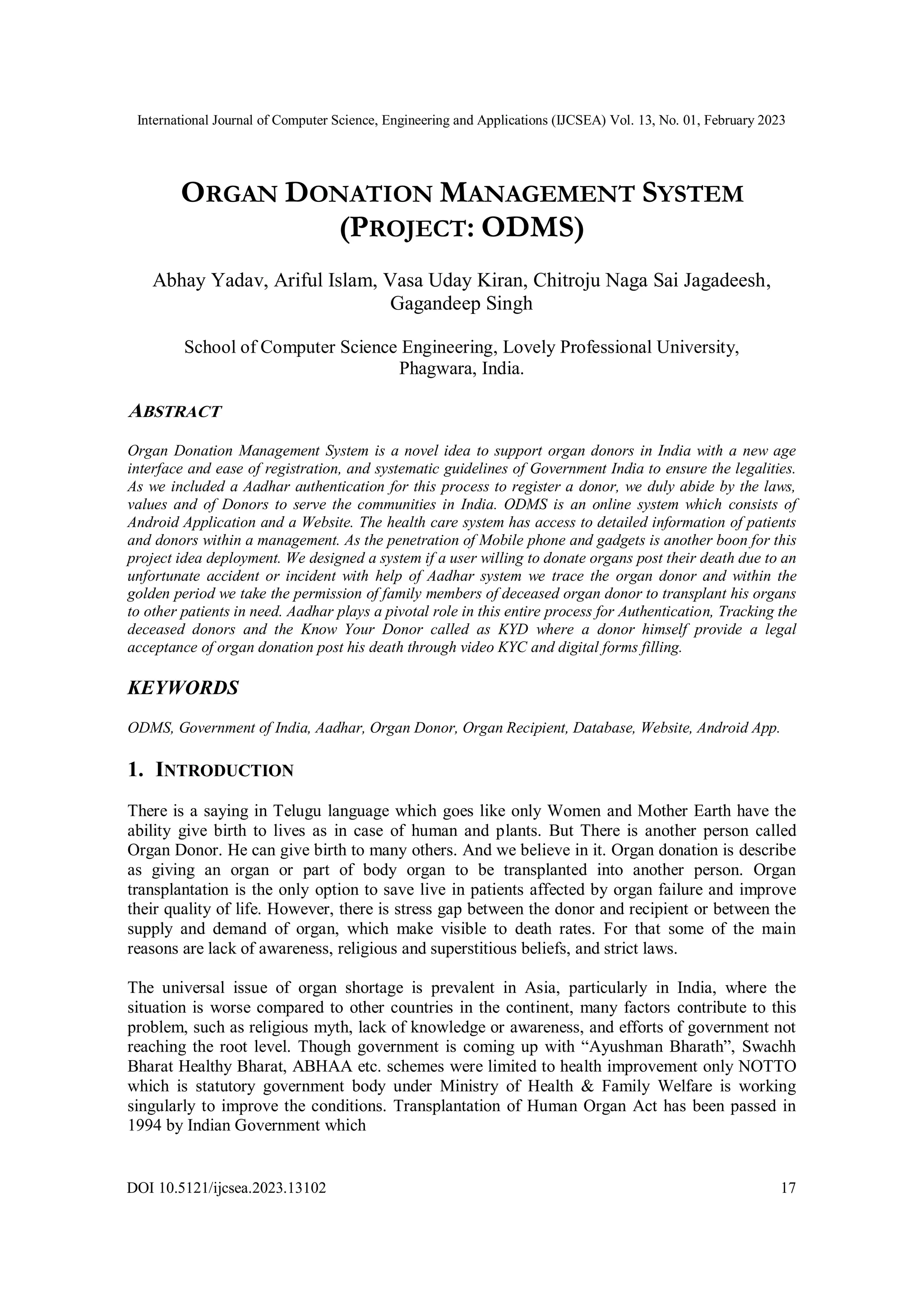 Organ Donation Management System (Project: ODMS) | PDF