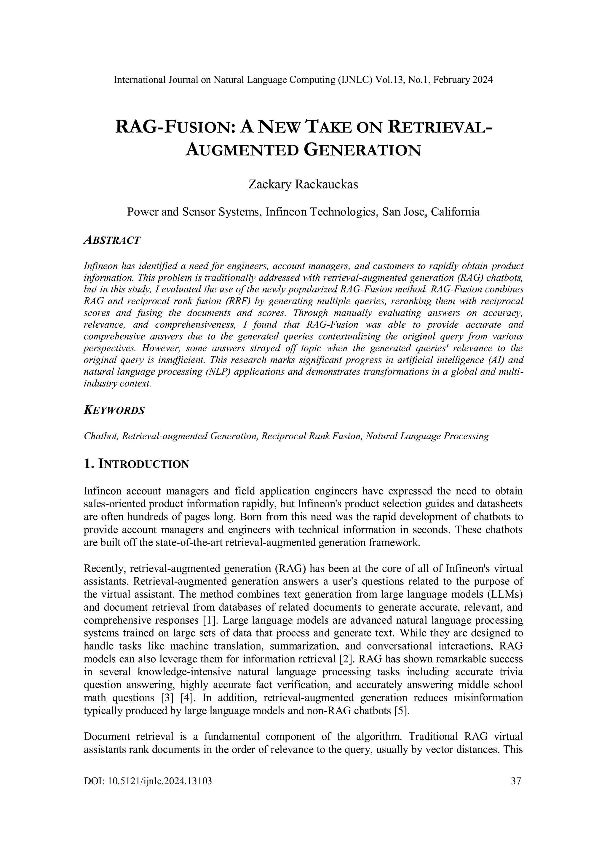 RAG-FUSION: A NEW TAKE ON RETRIEVALAUGMENTED GENERATION | PDF