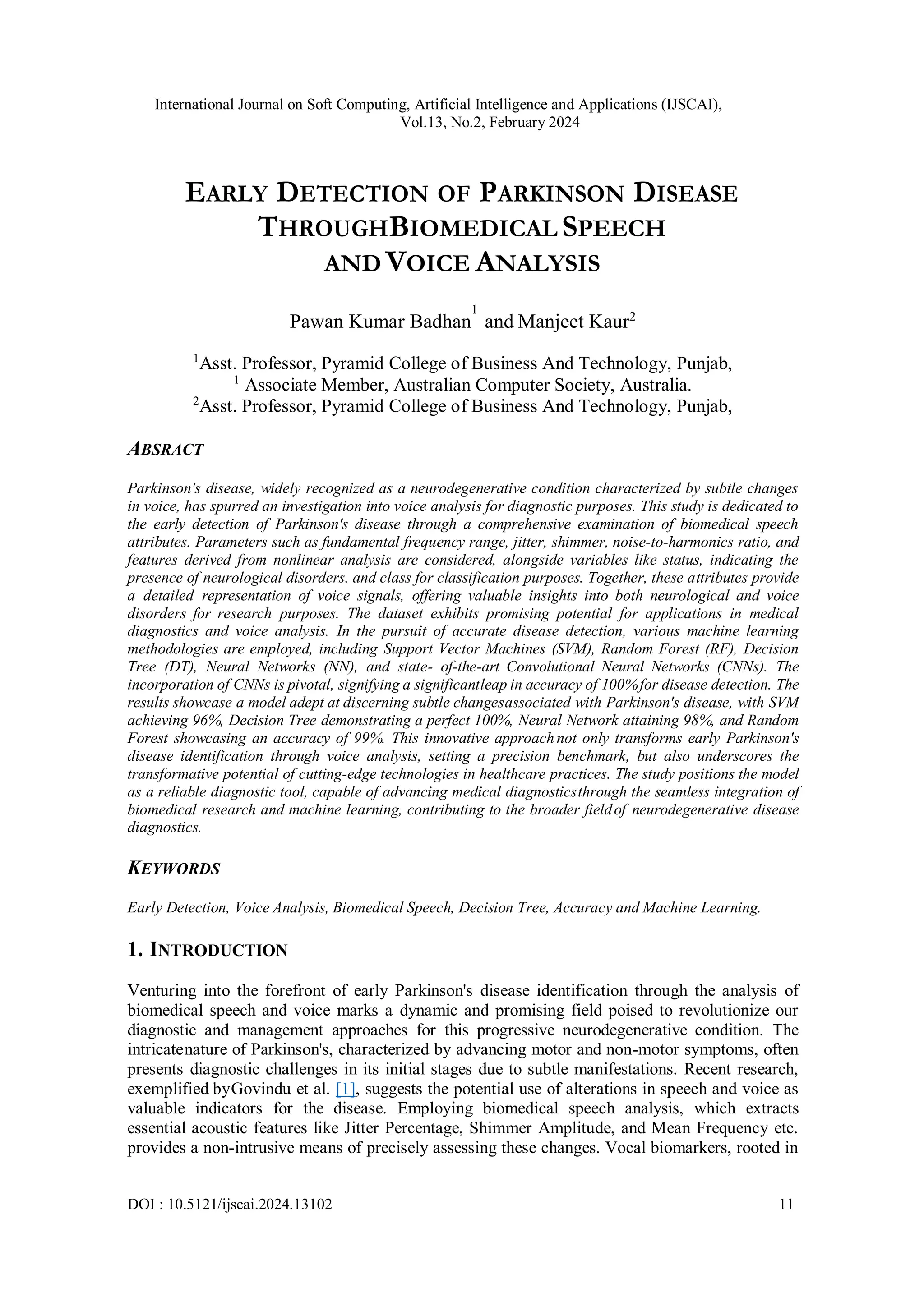 EARLY DETECTION OF PARKINSON DISEASE THROUGHBIOMEDICAL SPEECH AND VOICE ...
