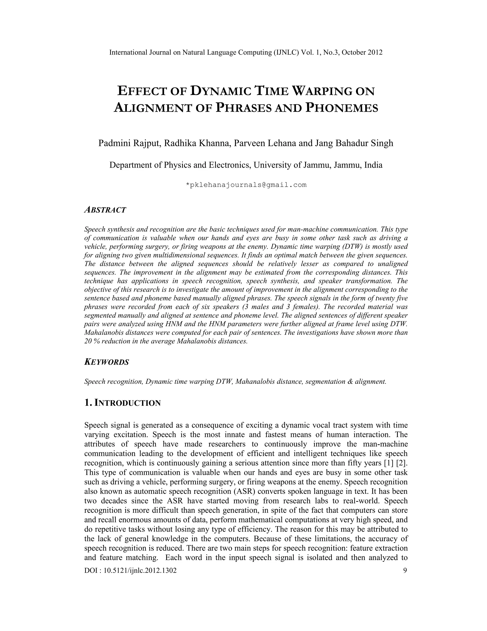 Effect of Dynamic Time Warping on Alignment of Phrases and Phonemes | PDF