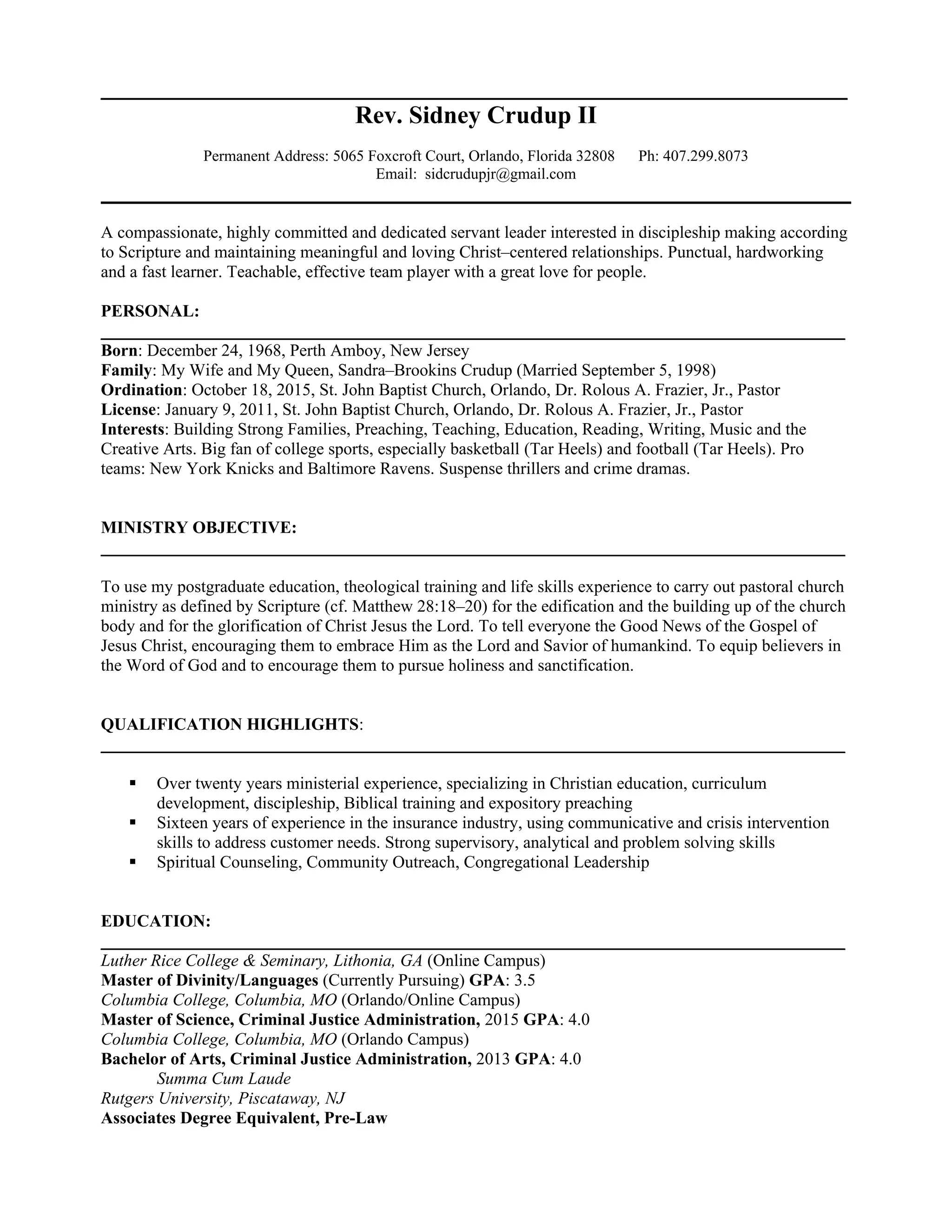 Rev Sidney Crudup II Pastoral Resume | PDF
