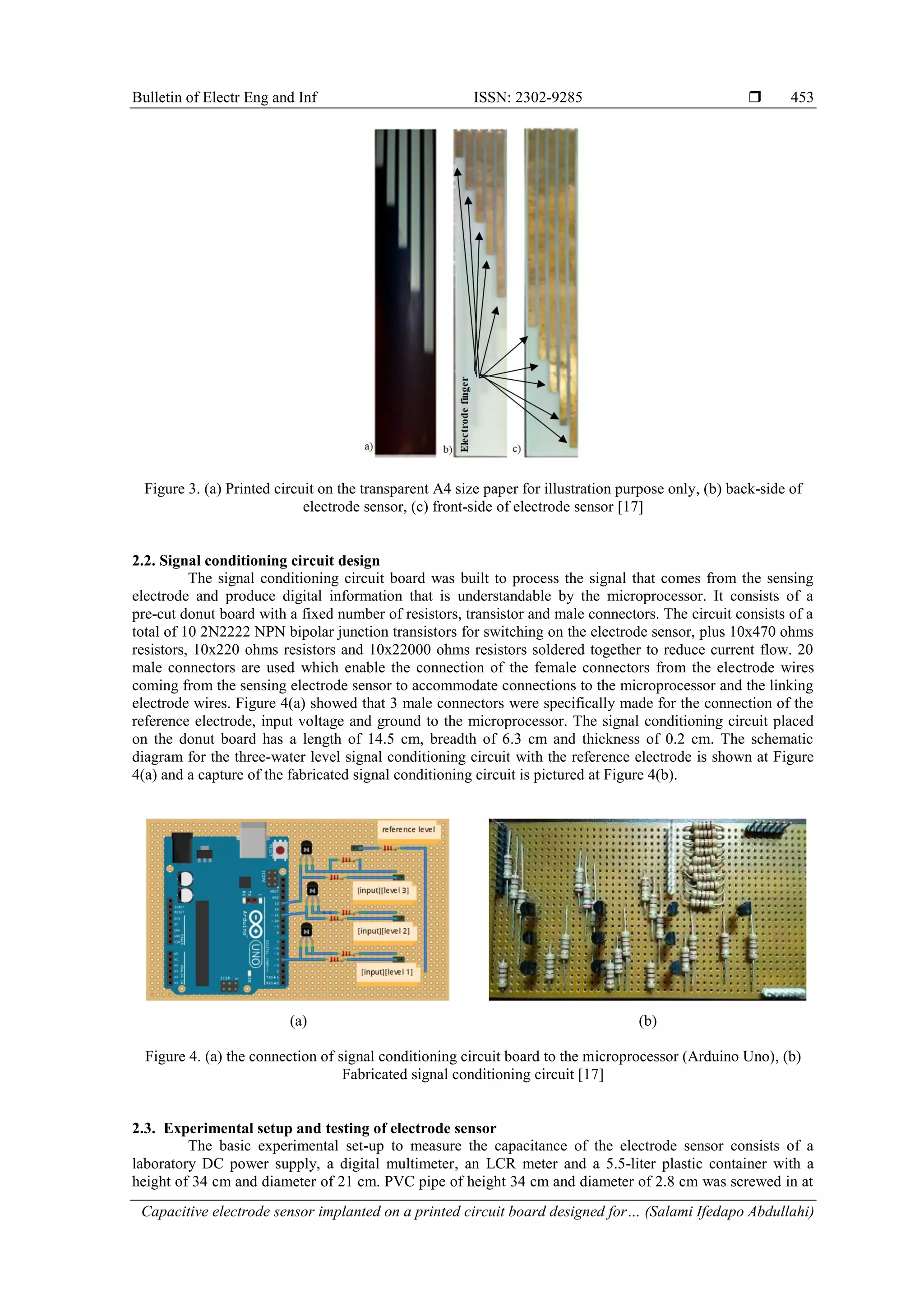 Capacitive electrode sensor implanted on a printed circuit board designed for continuous water ...