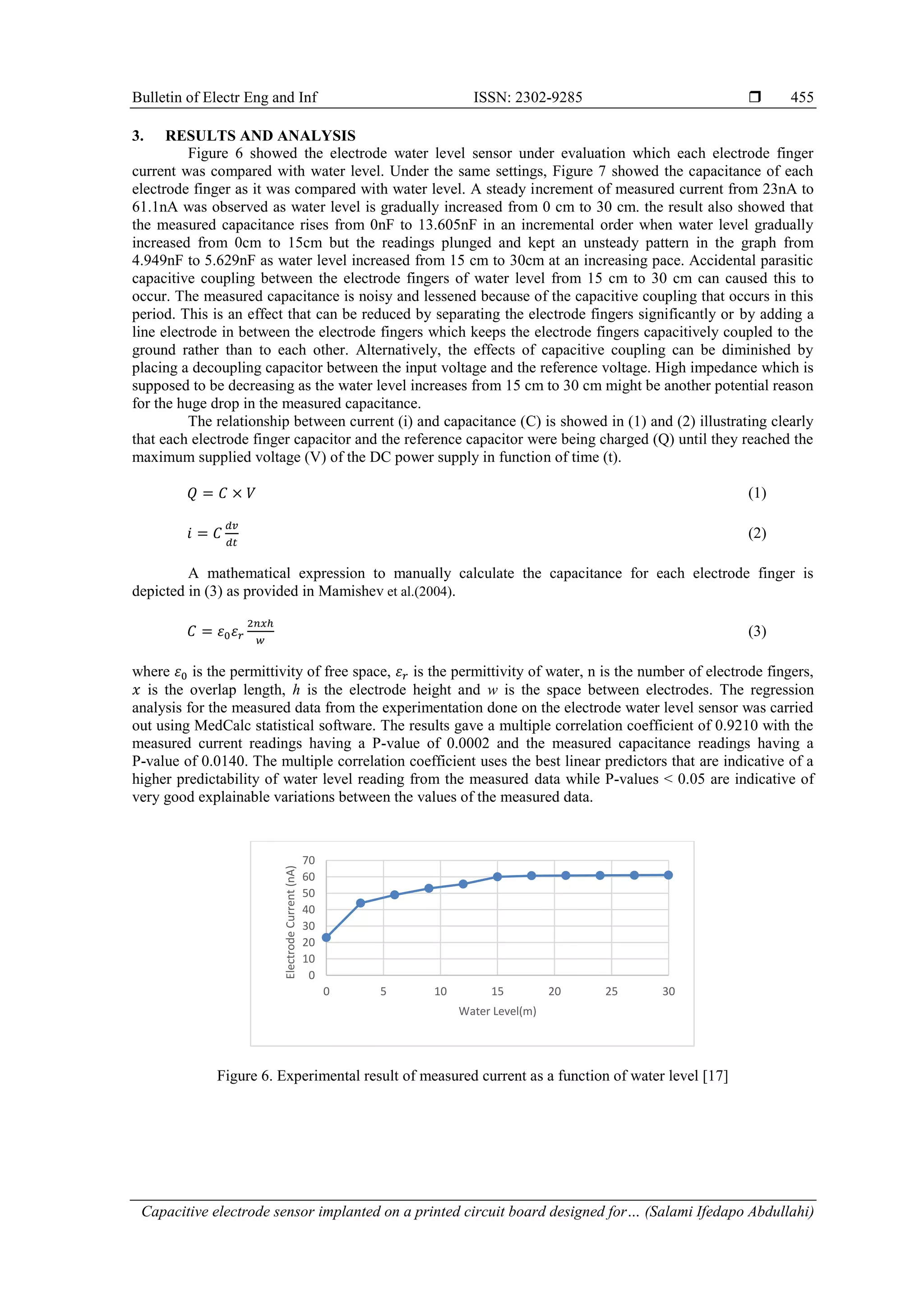 Capacitive electrode sensor implanted on a printed circuit board designed for continuous water ...