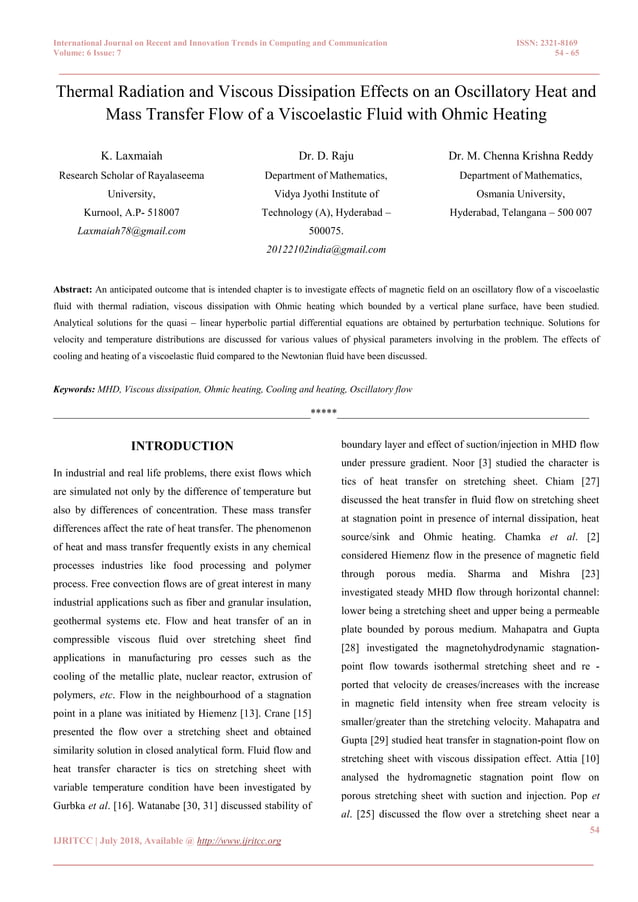 Thermal Radiation and Viscous Dissipation Effects on an Oscillatory Heat and Mass Transfer Flow ...