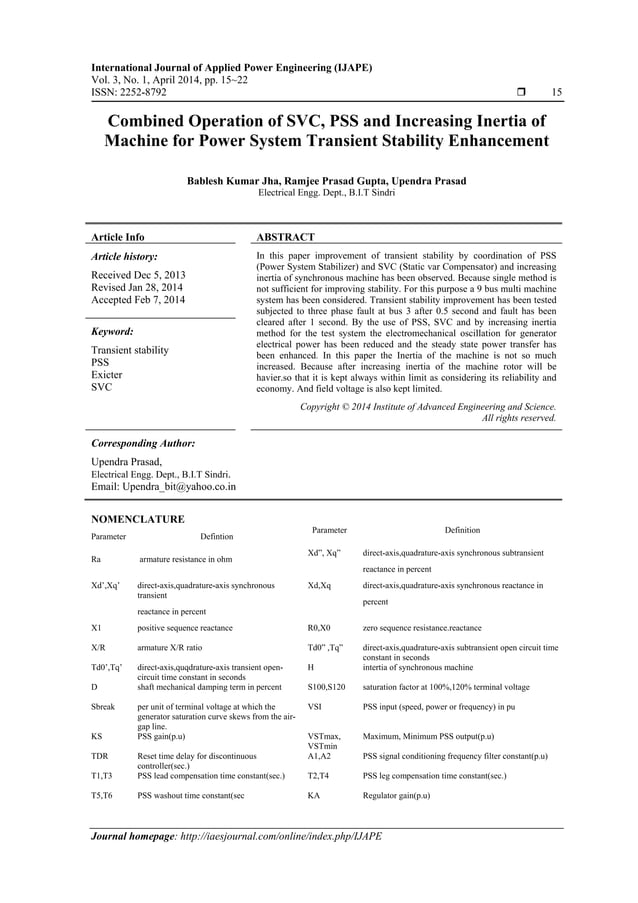 Combined Operation of SVC, PSS and Increasing Inertia of Machine for Power System Transient ...
