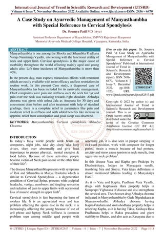 A Case Study on Ayurvedic Management of Manyasthambha with Special ...