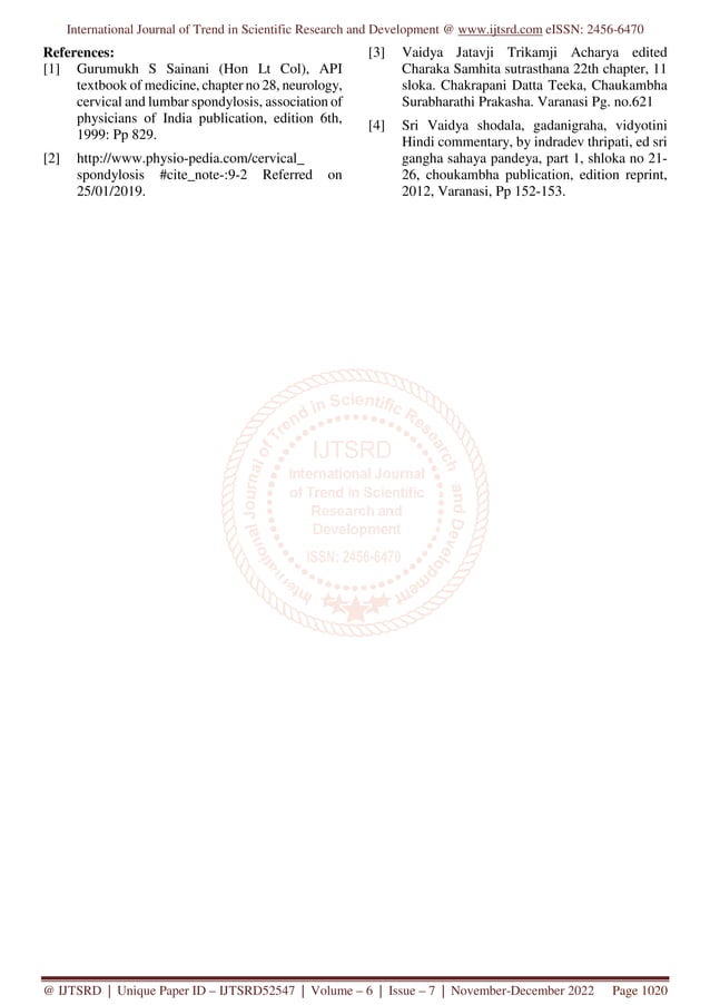 A Case Study on Ayurvedic Management of Manyasthambha with Special Reference to Cervical ...