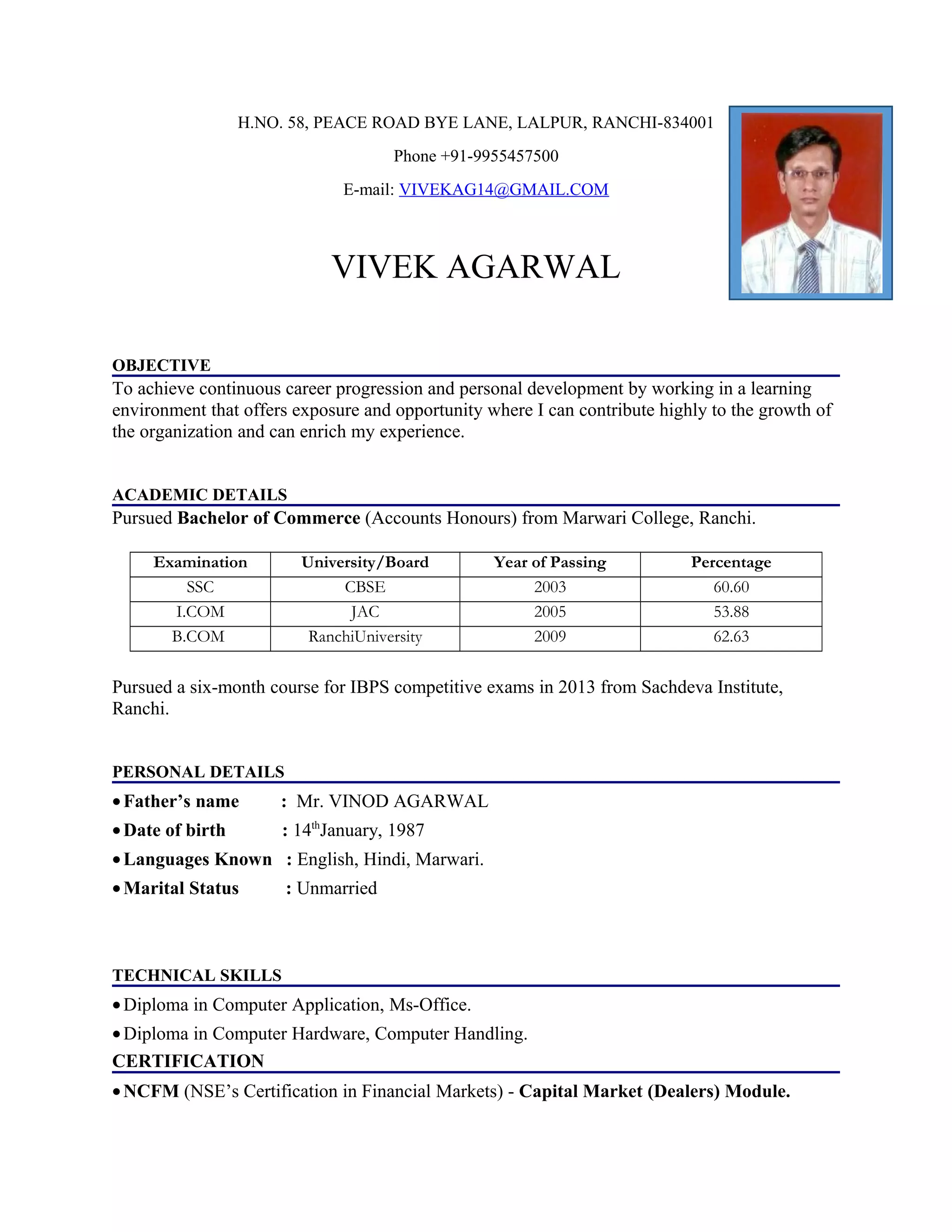 VIVEK AGARWAL - Curriculum vitae | DOC