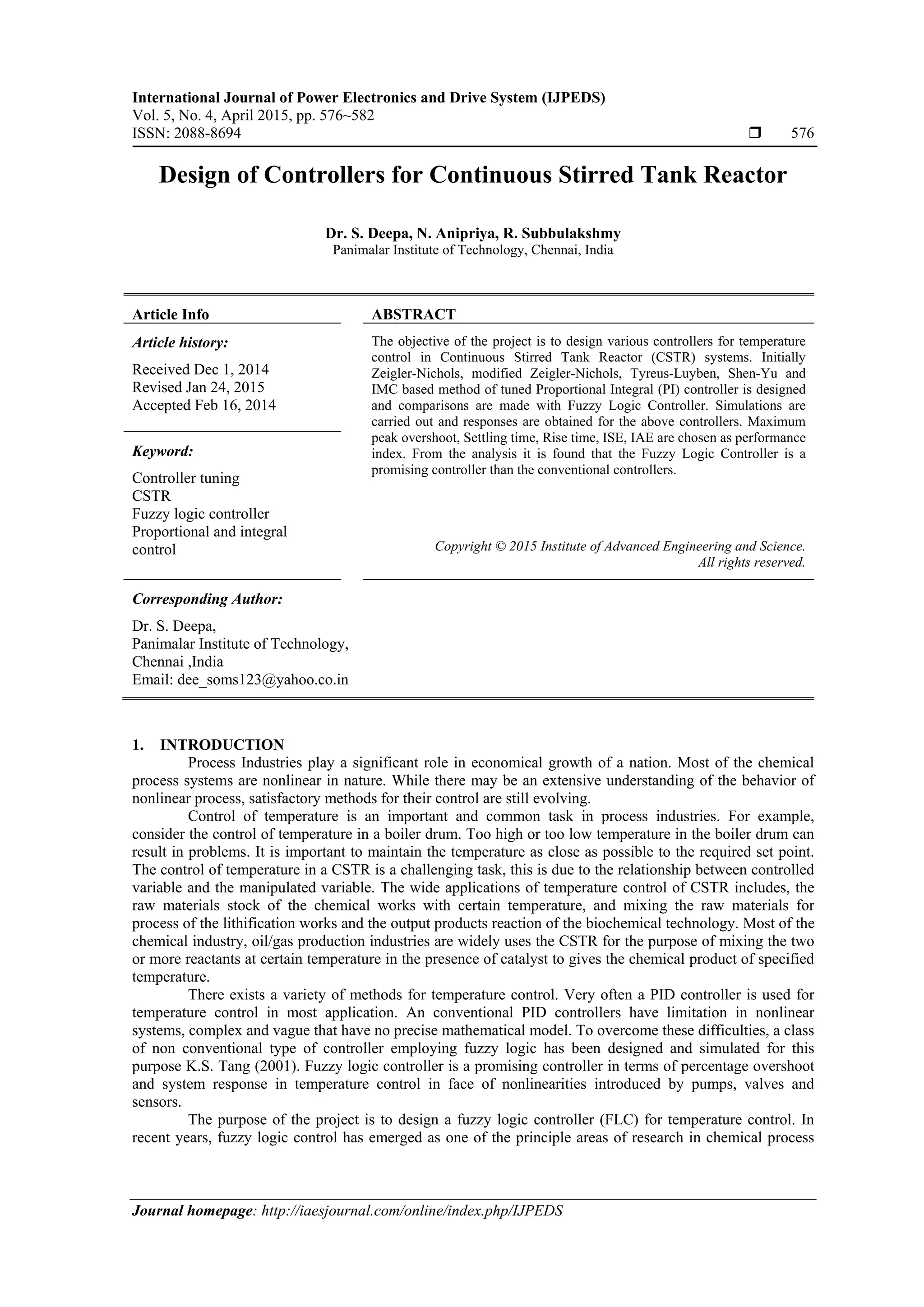 Design of Controllers for Continuous Stirred Tank Reactor | PDF