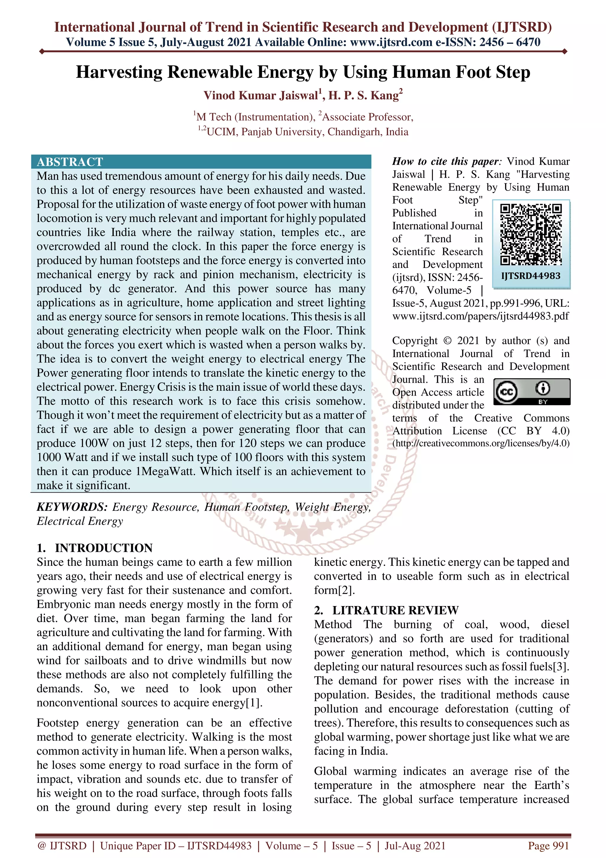 Harvesting Renewable Energy by Using Human Foot Step | PDF