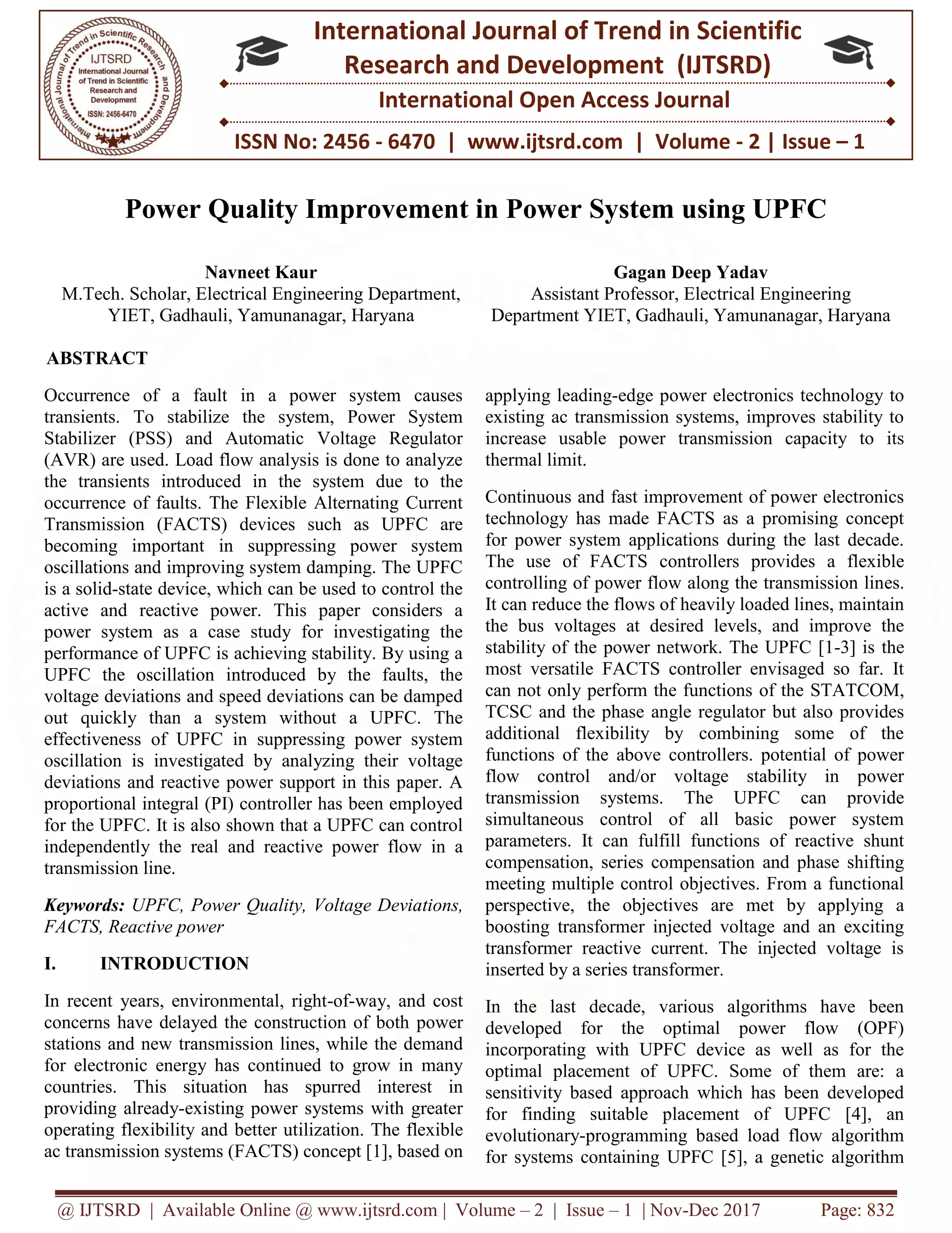 Power Quality Improvement in Power System using UPFC | PDF