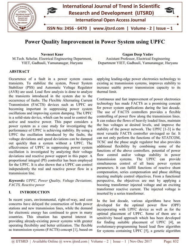 Power Quality Improvement in Power System using UPFC | PDF