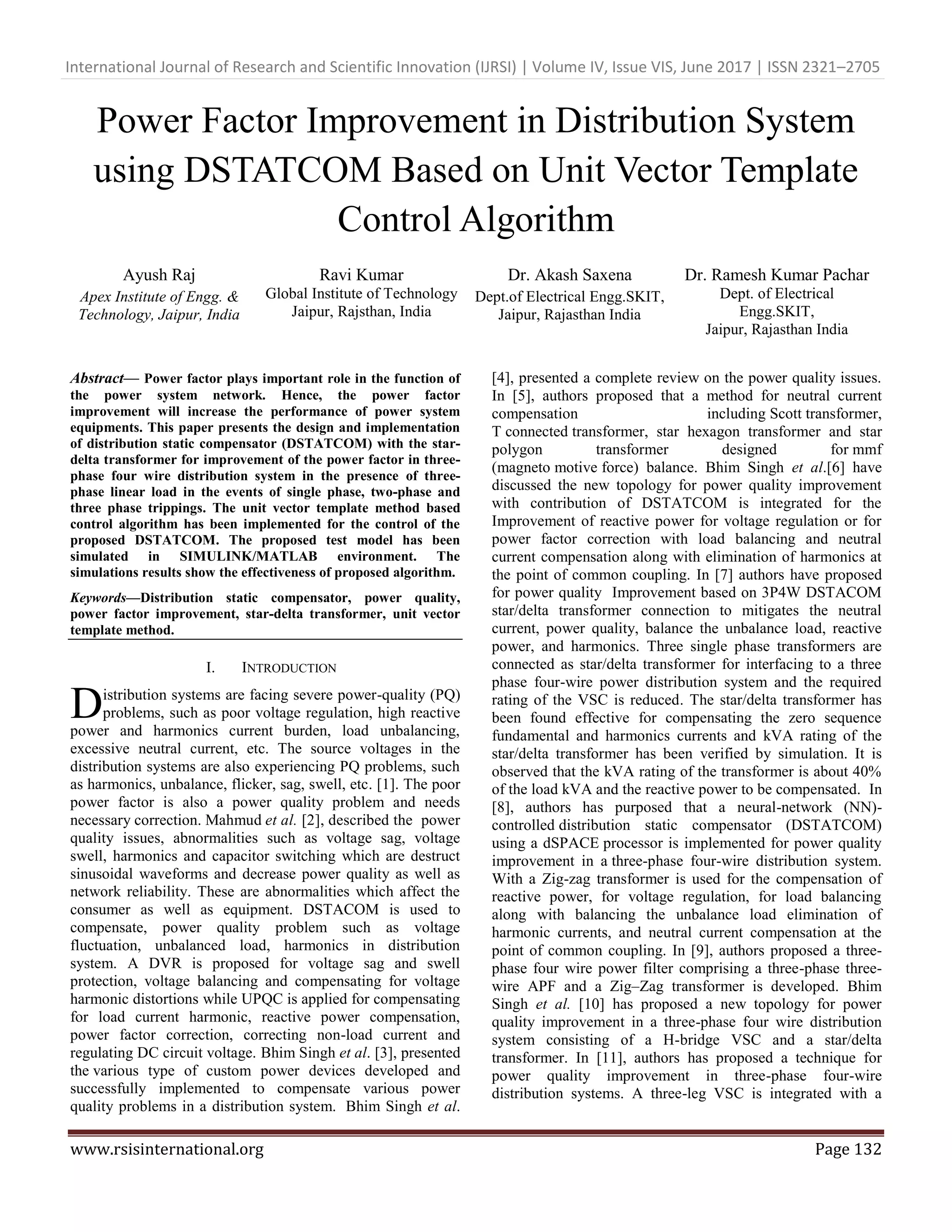 Power Factor Improvement In Distribution System Using Dstatcom Based On