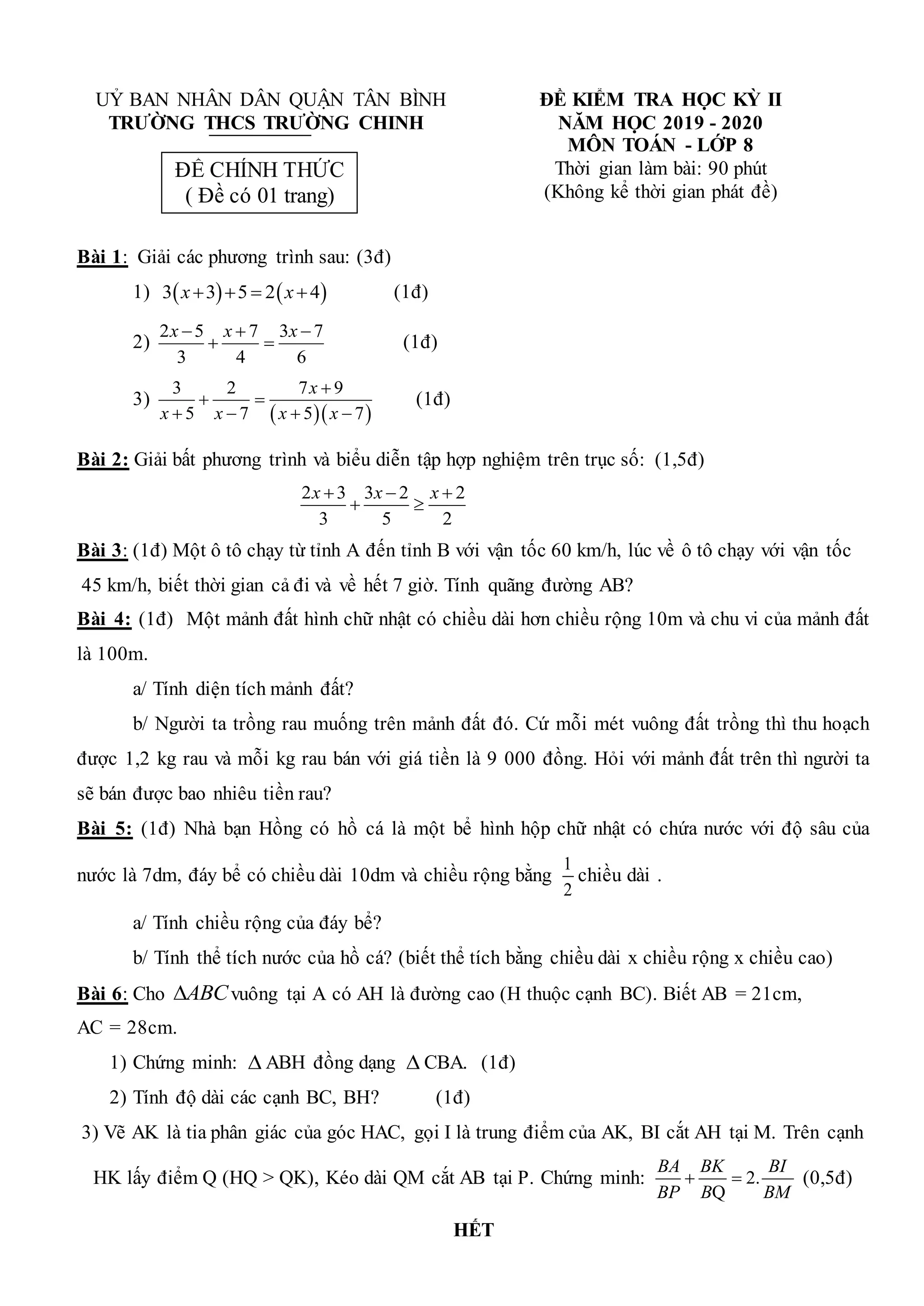 Đề Thi HK2 Toán 8 - THCS Trường Chinh | PDF