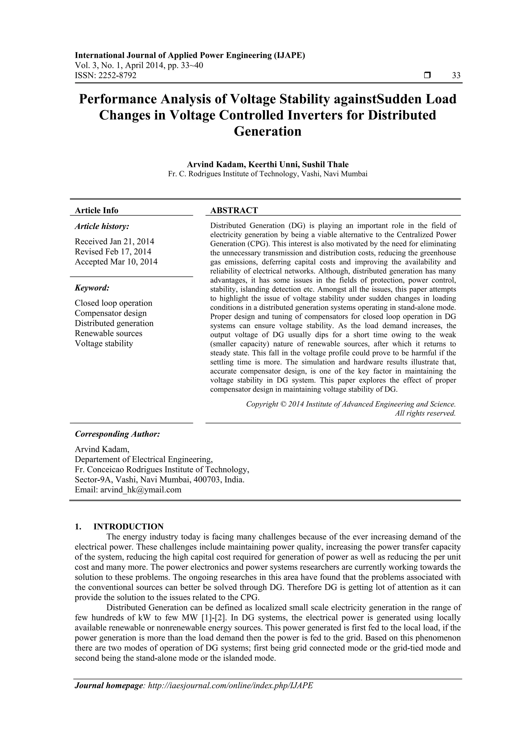 Performance Analysis of Voltage Stability Against Sudden Load Changes in Voltage Controlled ...