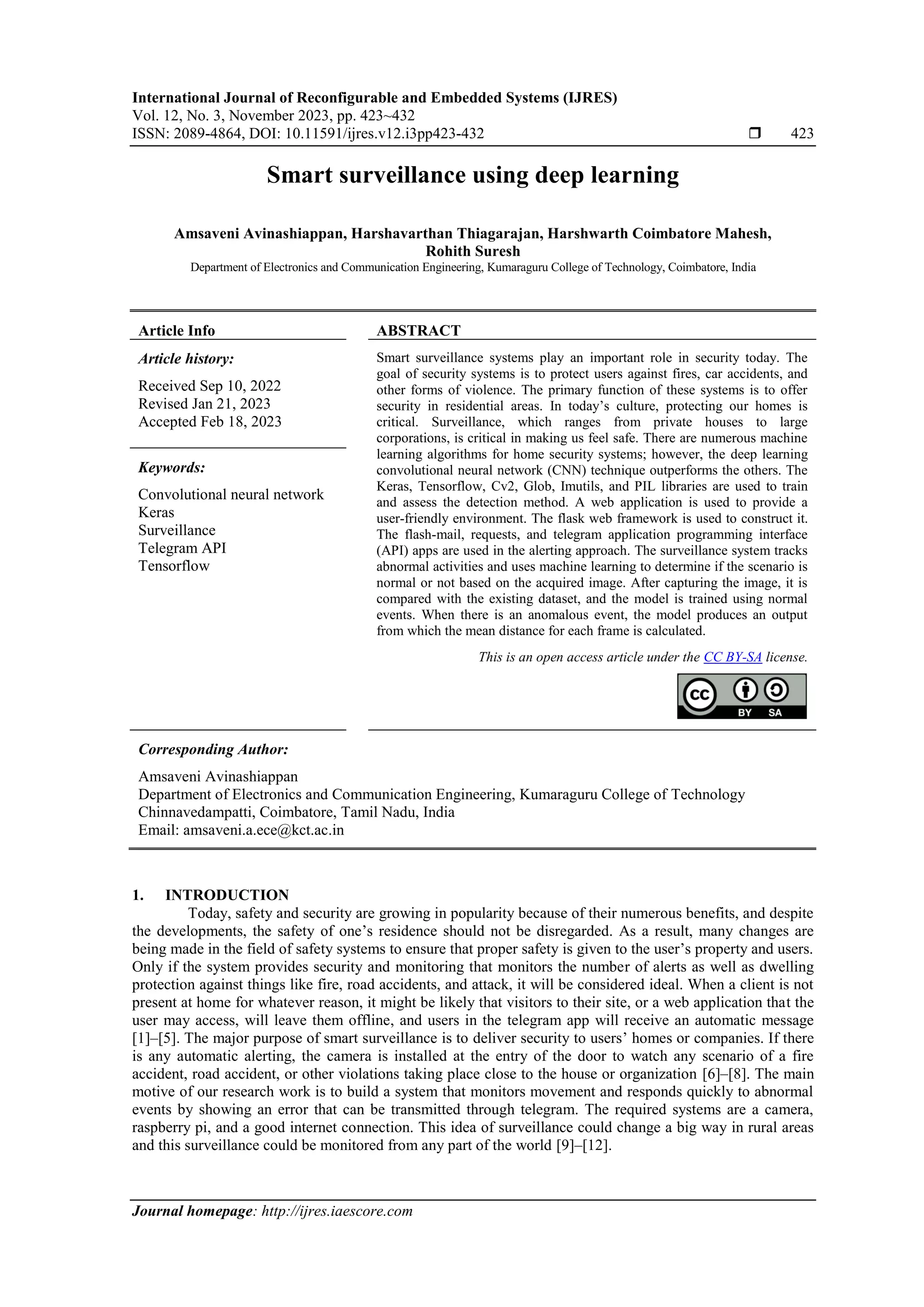 Smart surveillance using deep learning | PDF