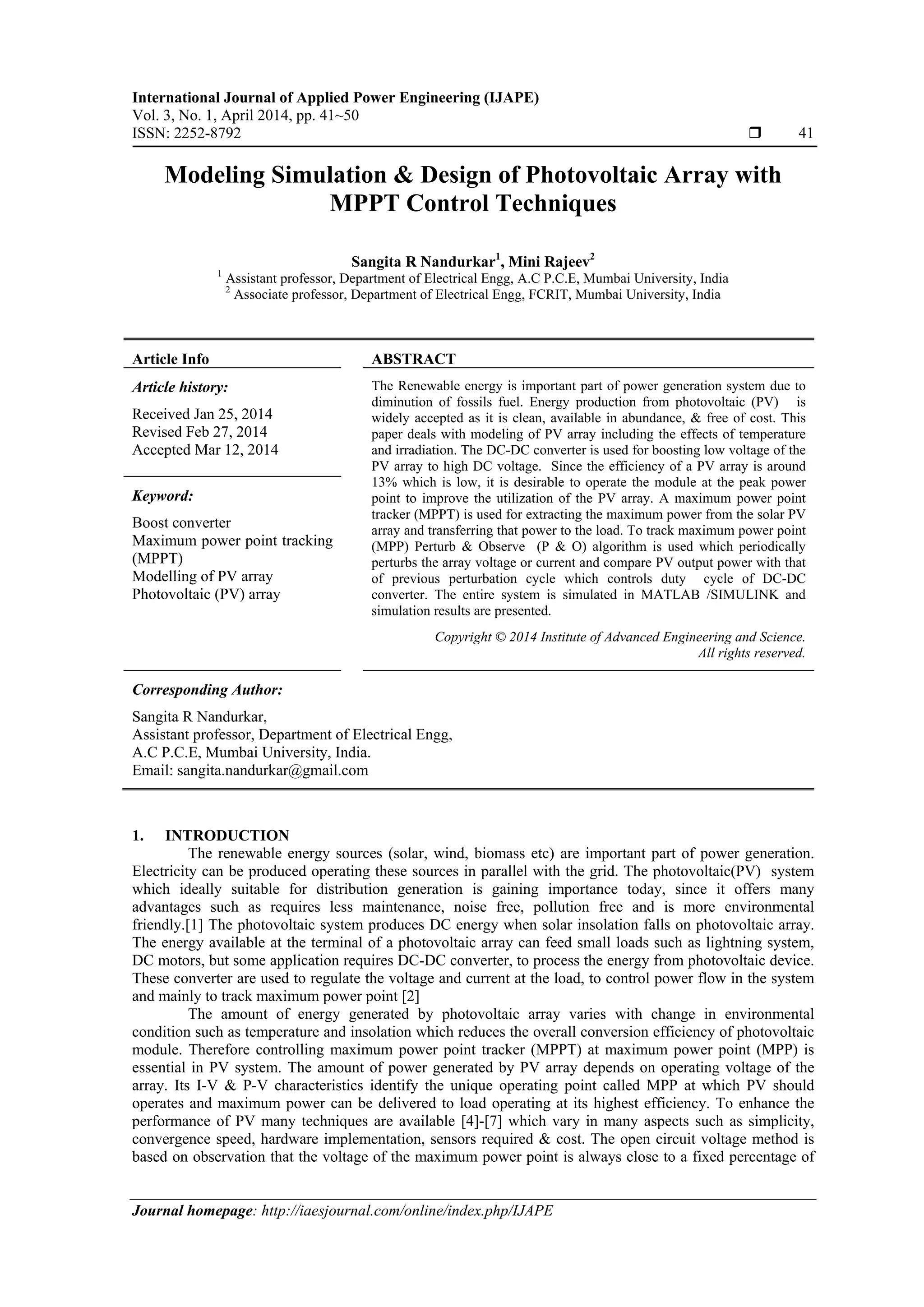 Modeling Simulation and Design of Photovoltaic Array with MPPT Control Techniques | PDF