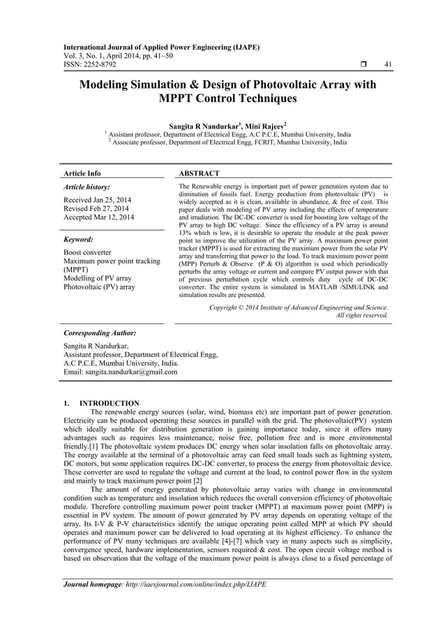 Modeling Simulation and Design of Photovoltaic Array with MPPT Control Techniques | PDF