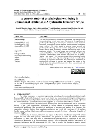 A current study of psychological well-being in educational institutions: A systematic literature ...