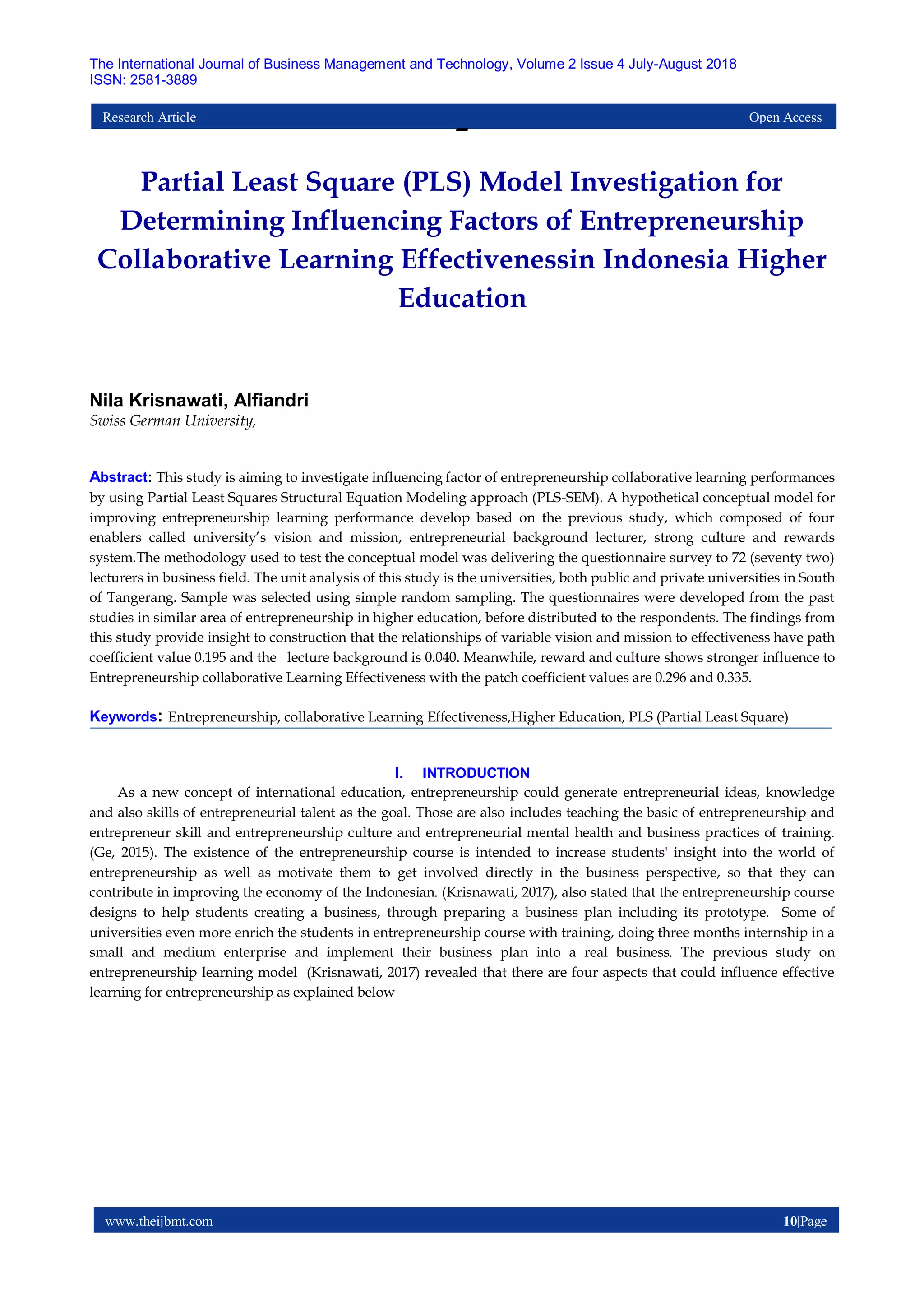 Partial Least Square (PLS) Model Investigation for Determining ...