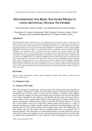 DETERMINING THE RISKY SOFTWARE PROJECTS USING ARTIFICIAL NEURAL NETWORKS | PDF | Computer ...