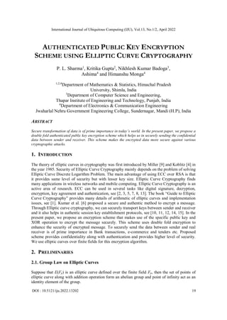 AUTHENTICATED PUBLIC KEY ENCRYPTION SCHEME USING ELLIPTIC CURVE CRYPTOGRAPHY | PDF
