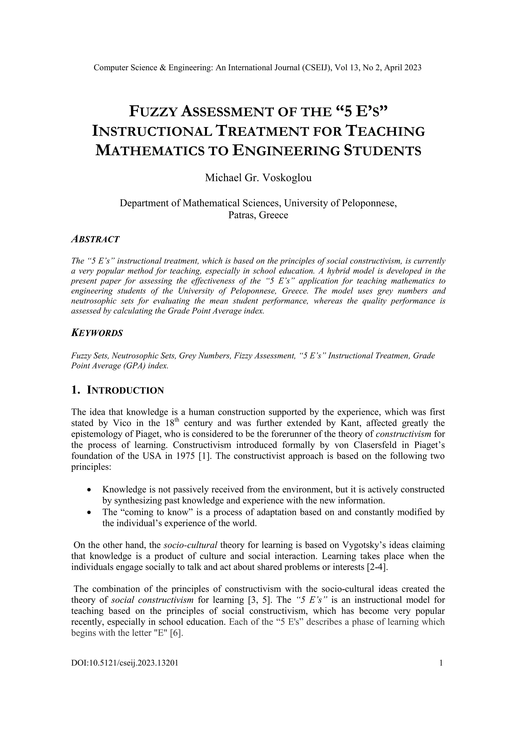 FUZZY ASSESSMENT OF THE “5 E’S” INSTRUCTIONAL TREATMENT FOR TEACHING ...