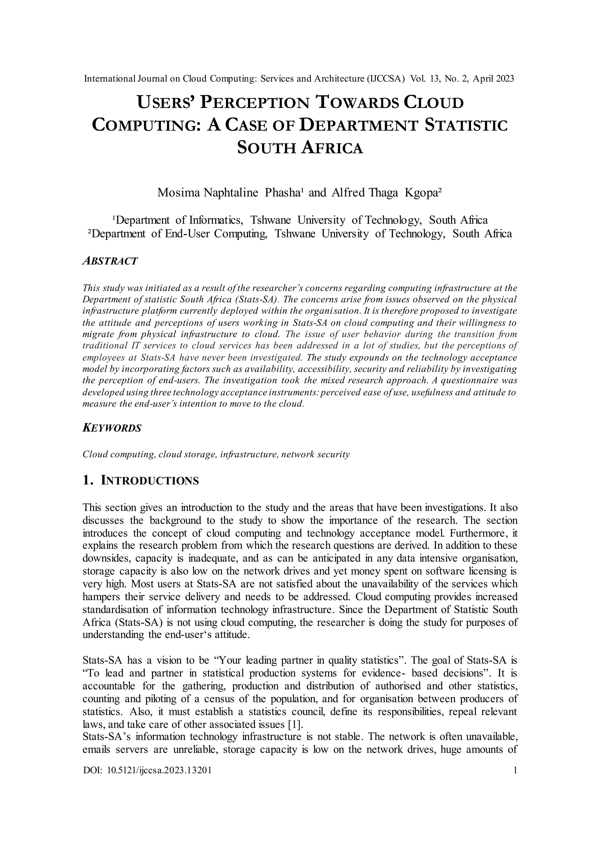 Users’ Perception Towards Cloud Computing: A Case of Department ...