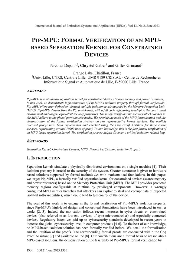PIP-MPU: FORMAL VERIFICATION OF AN MPUBASED SEPARATION KERNEL FOR CONSTRAINED DEVICES | PDF