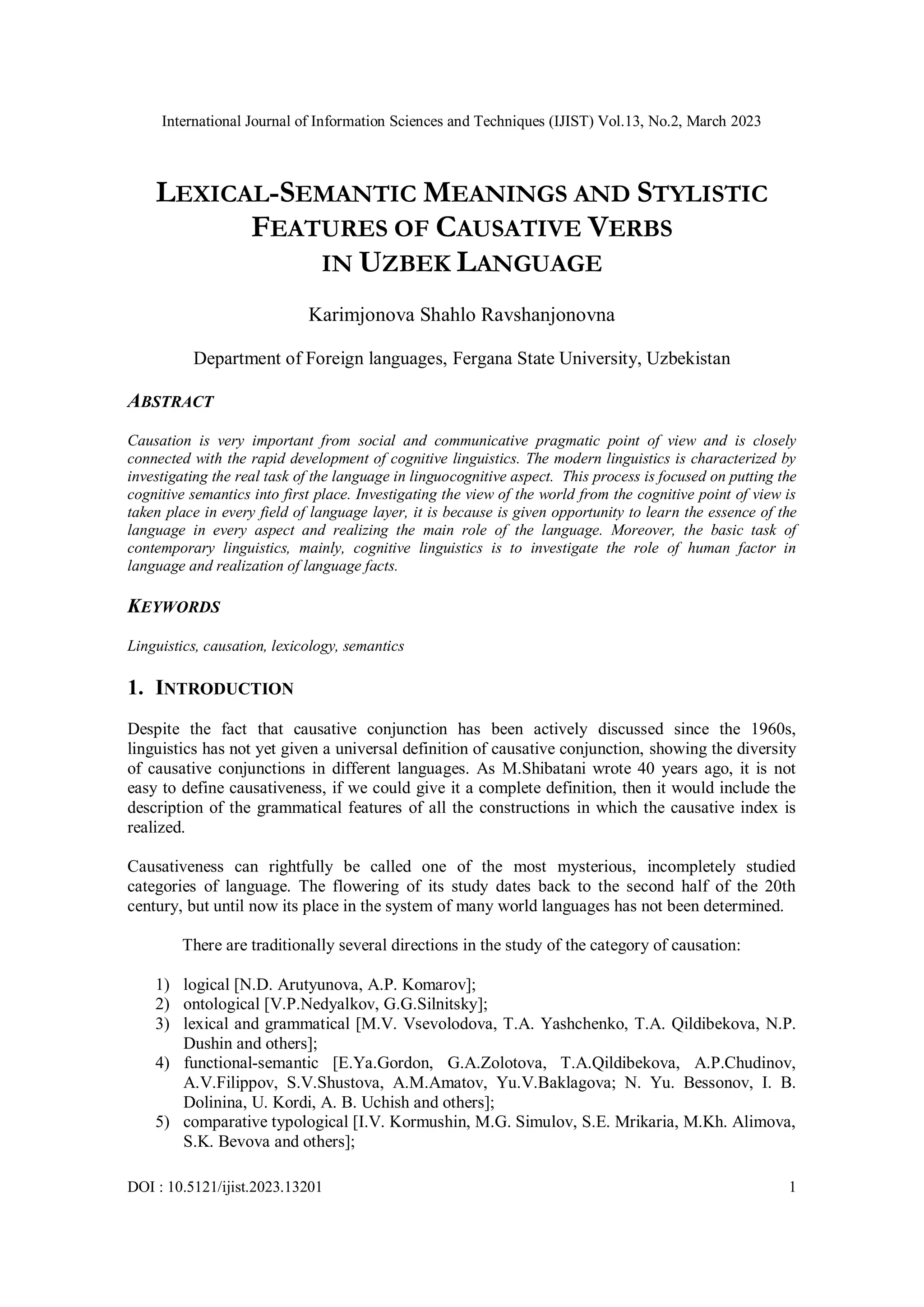 LEXICAL-SEMANTIC MEANINGS AND STYLISTIC FEATURES OF CAUSATIVE VERBS IN UZBEK LANGUAGE | PDF