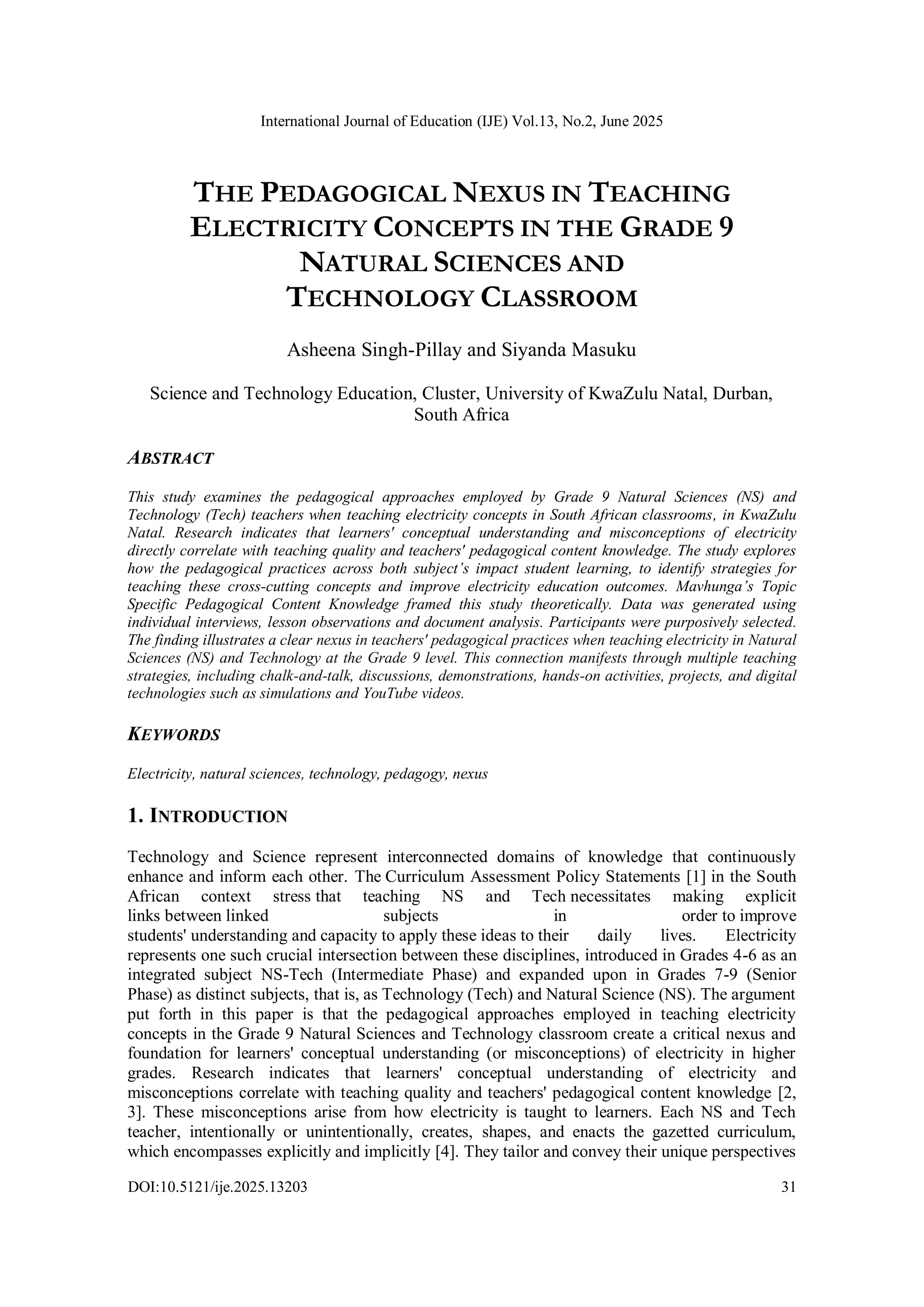 THE PEDAGOGICAL NEXUS IN TEACHING ELECTRICITY CONCEPTS IN THE GRADE 9 NATURAL SCIENCES AND ...