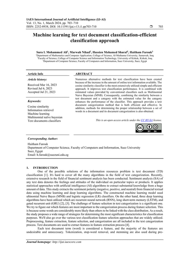 Machine learning for text document classification-efficient classification approach | PDF