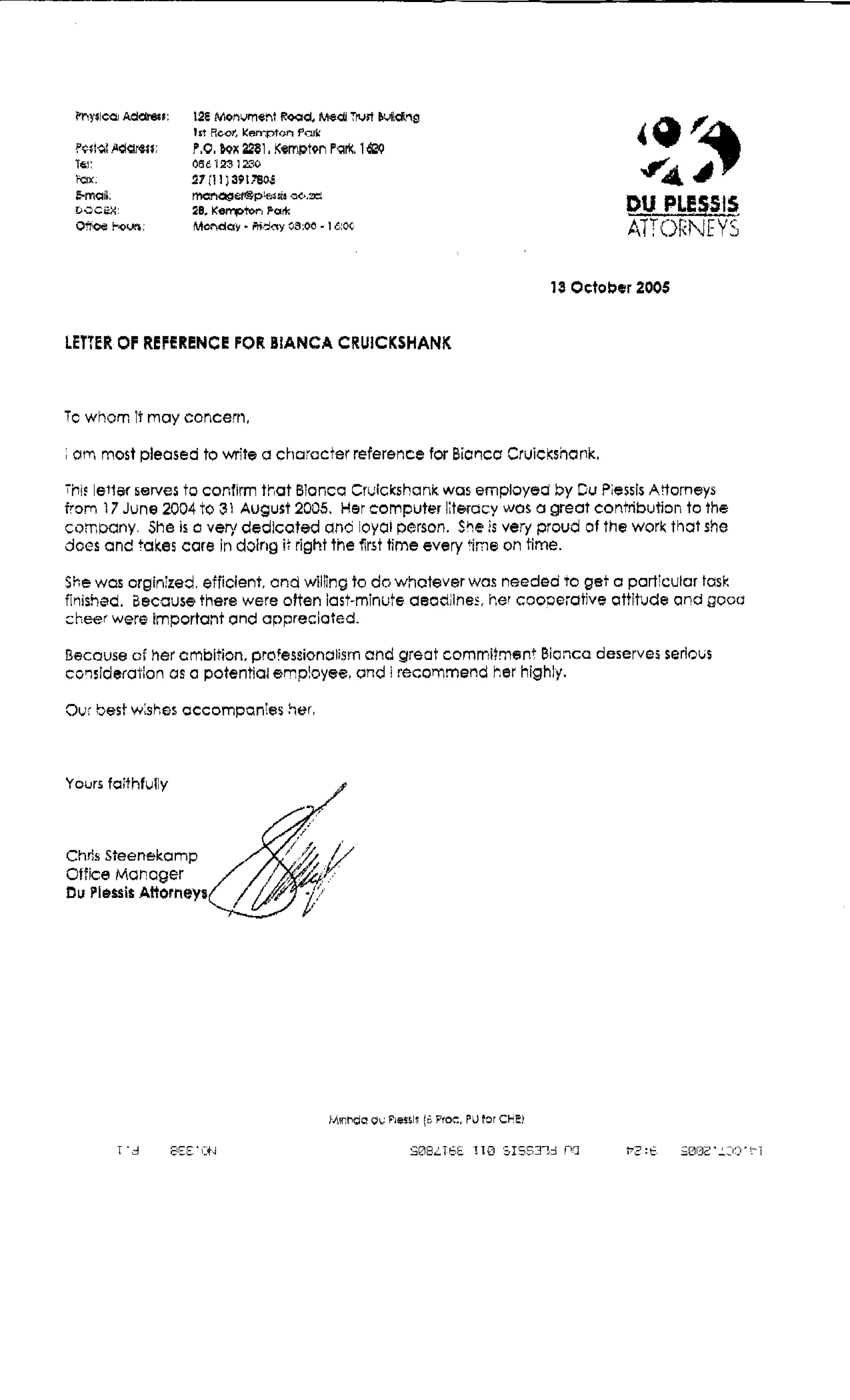 BD - Du Plessis Attorneys - Reference letter | PDF