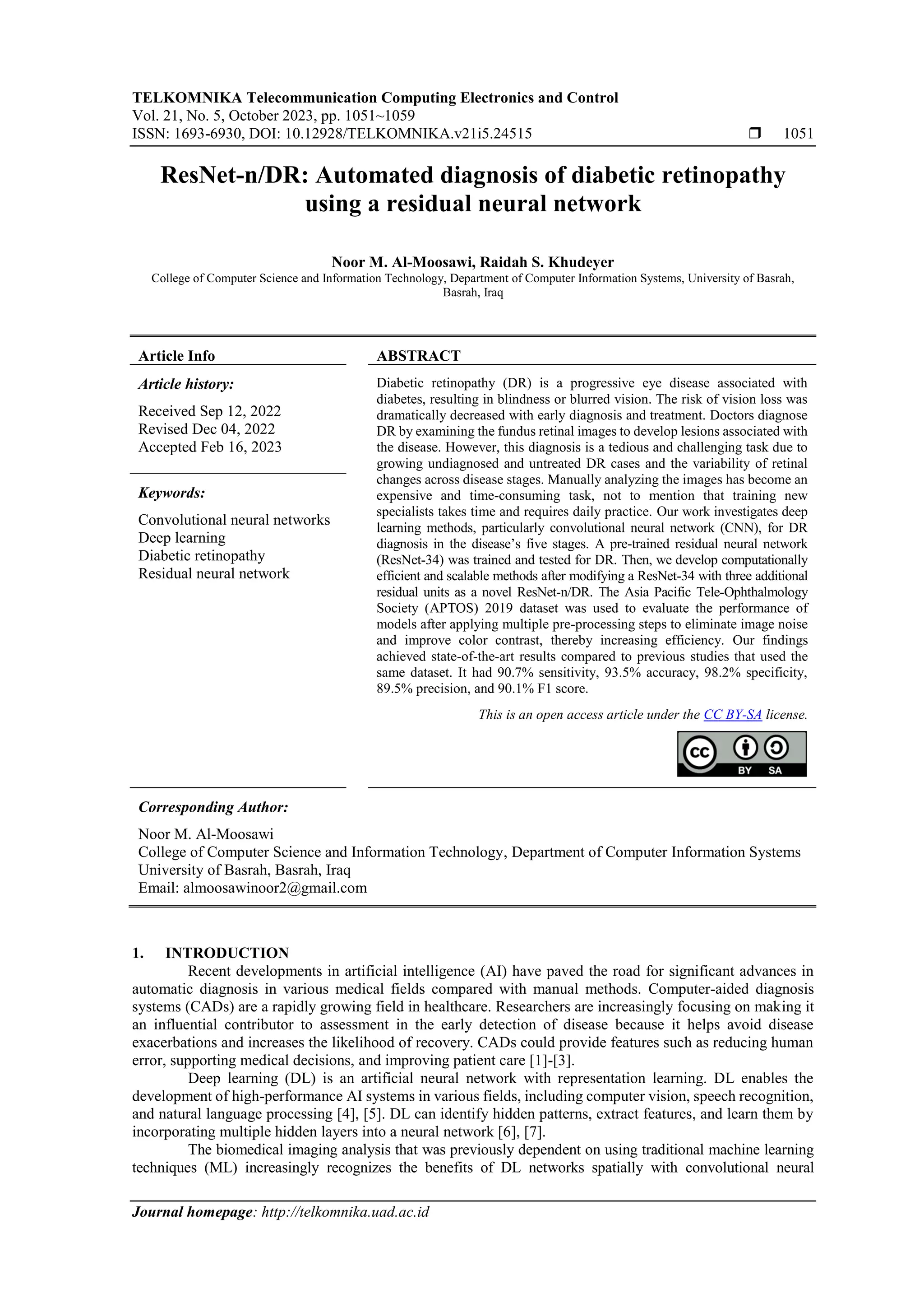 ResNet-n/DR: Automated diagnosis of diabetic retinopathy using a ...