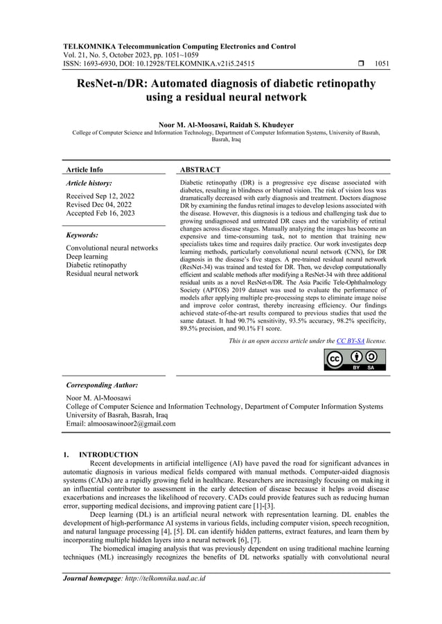 ResNet-n/DR: Automated diagnosis of diabetic retinopathy using a residual neural network | PDF ...