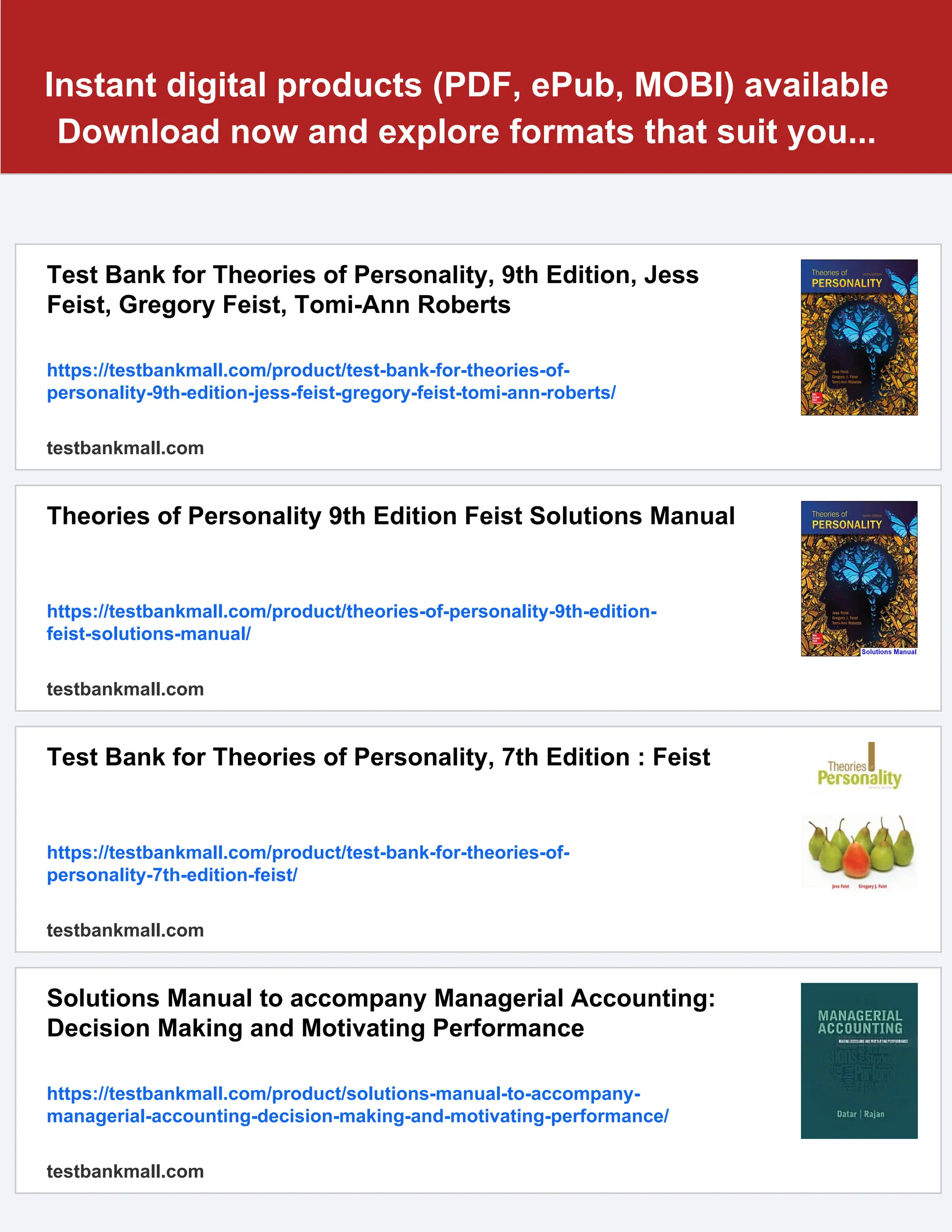 Test Bank for Theories of Personality, 10th Edition, Jess Feist ...