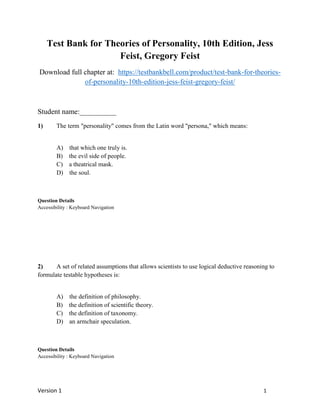 Test Bank for Theories of Personality, 10th Edition, Jess Feist ...