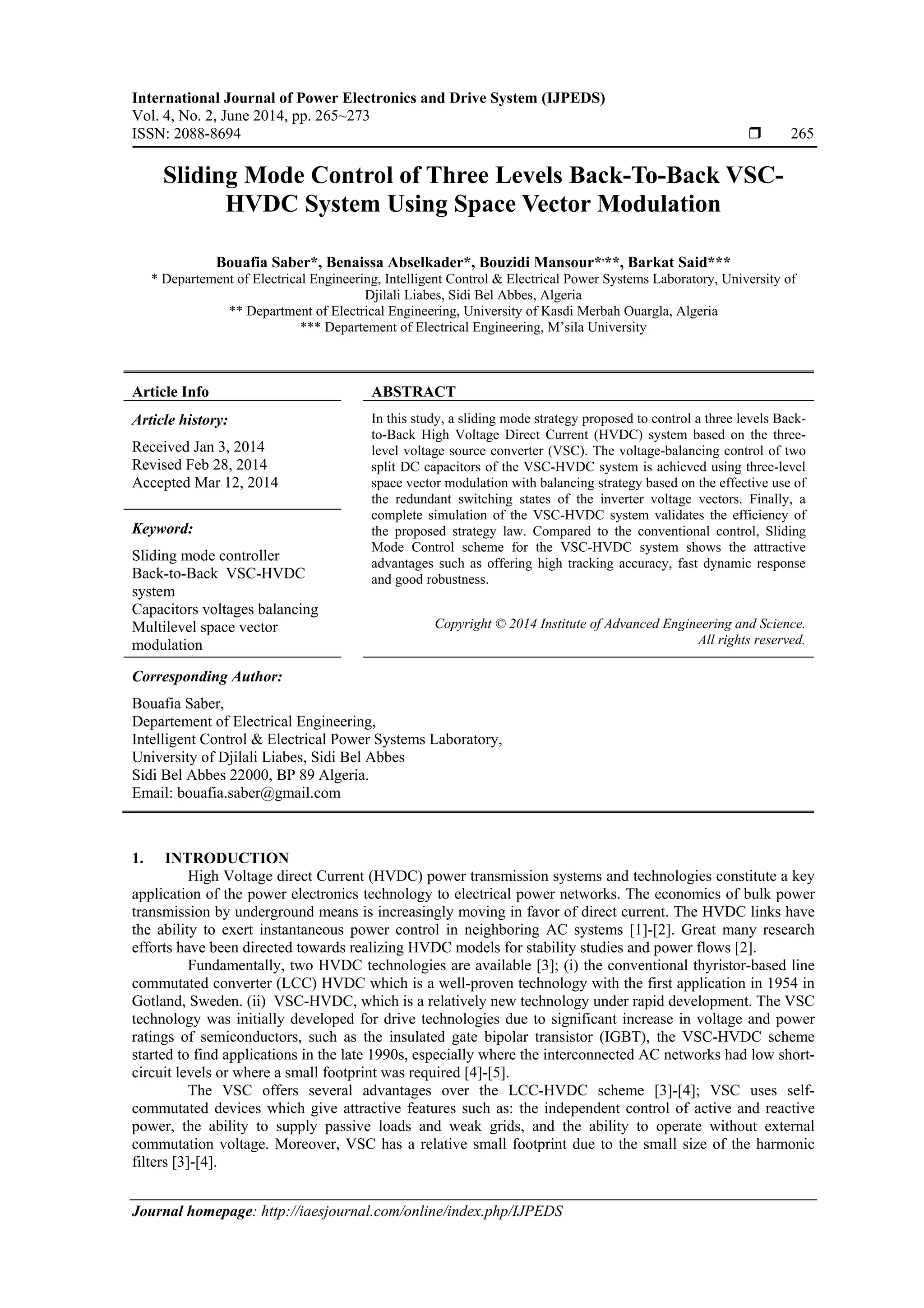 Sliding Mode Control Of Three Levels Back To Back Vsc Hvdc System Using Space Vector Modulation