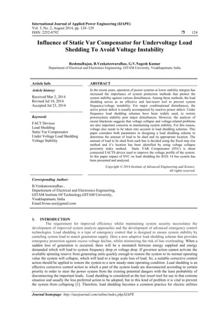 Influence of Static VAR Compensator for Undervoltage Load Shedding to Avoid Voltage Instability ...