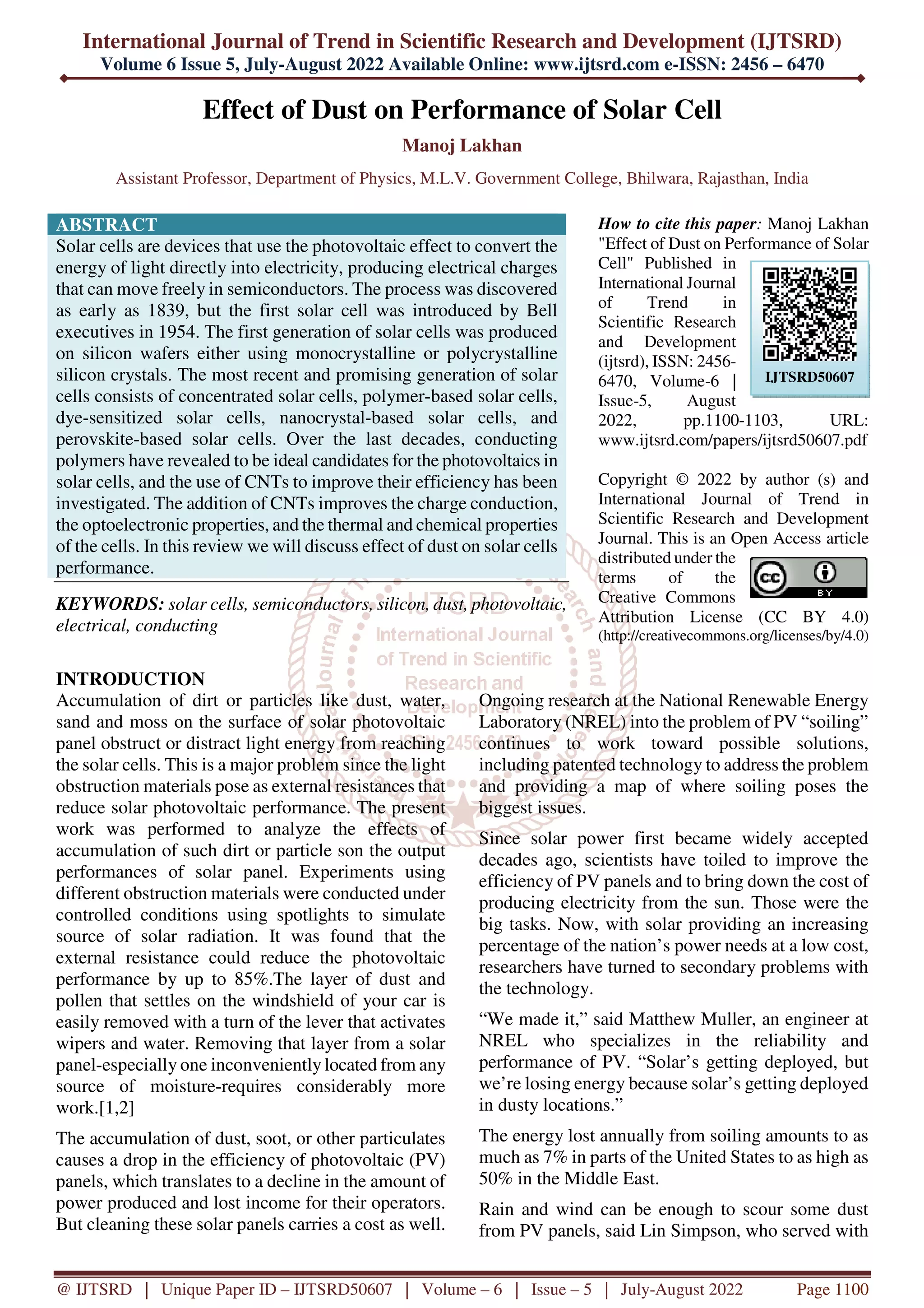Effect of Dust on Performance of Solar Cell | PDF