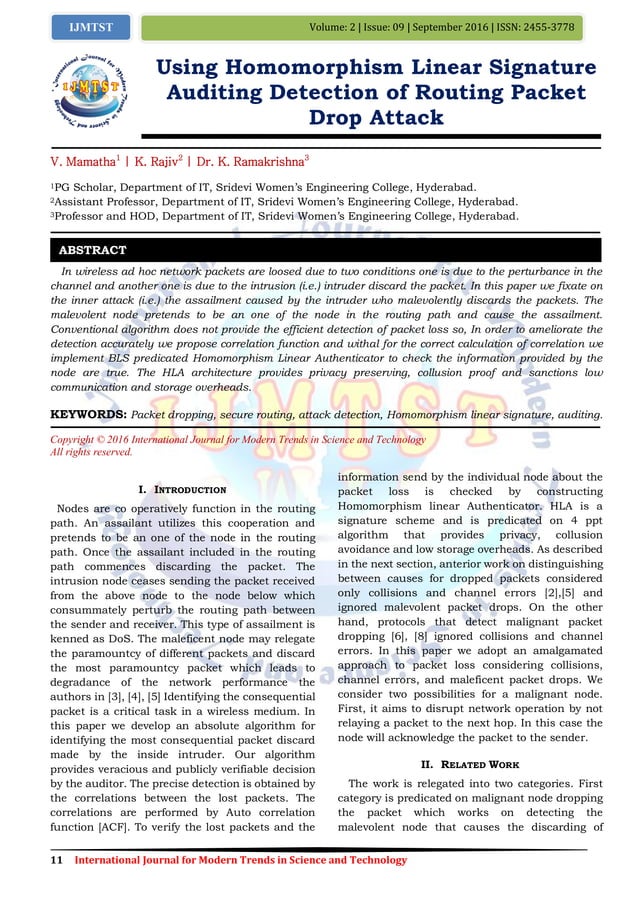 Using Homomorphism Linear Signature Auditing Detection of Routing Packet Drop Attack | PDF