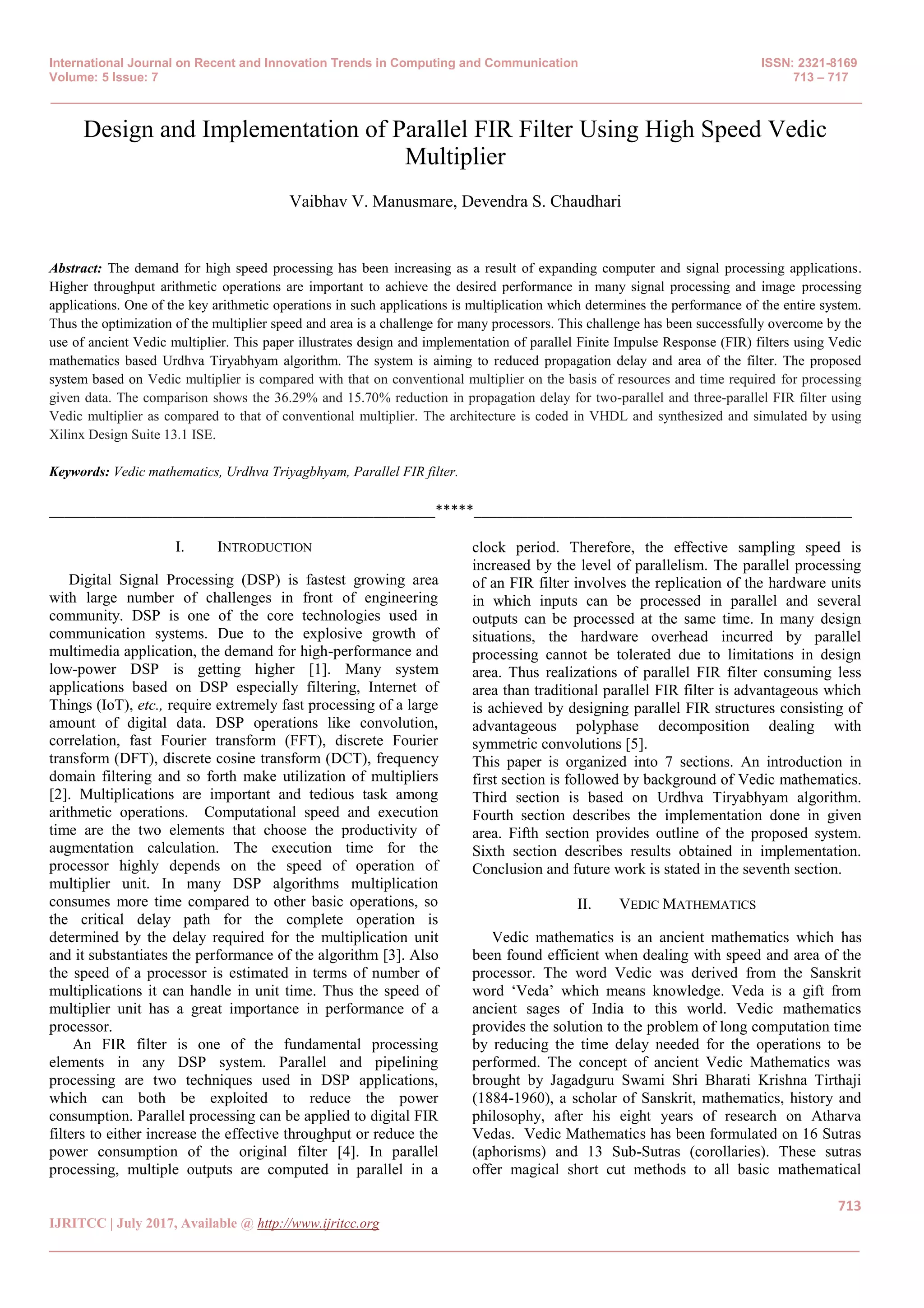 Design and Implementation of Parallel FIR Filter Using High Speed Vedic Multiplier | PDF