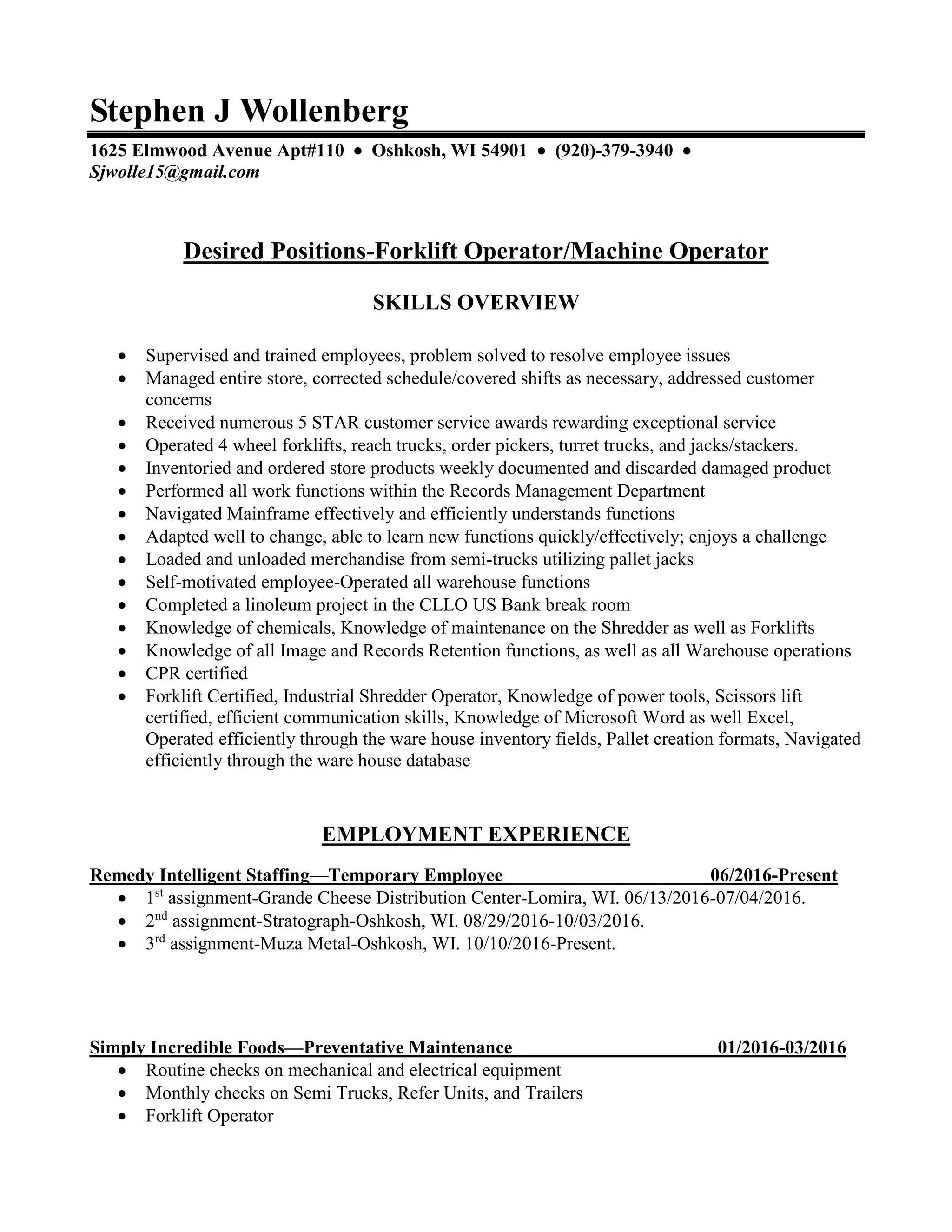 Stephen J Wollenberg-Revised Resume,2016. | PDF