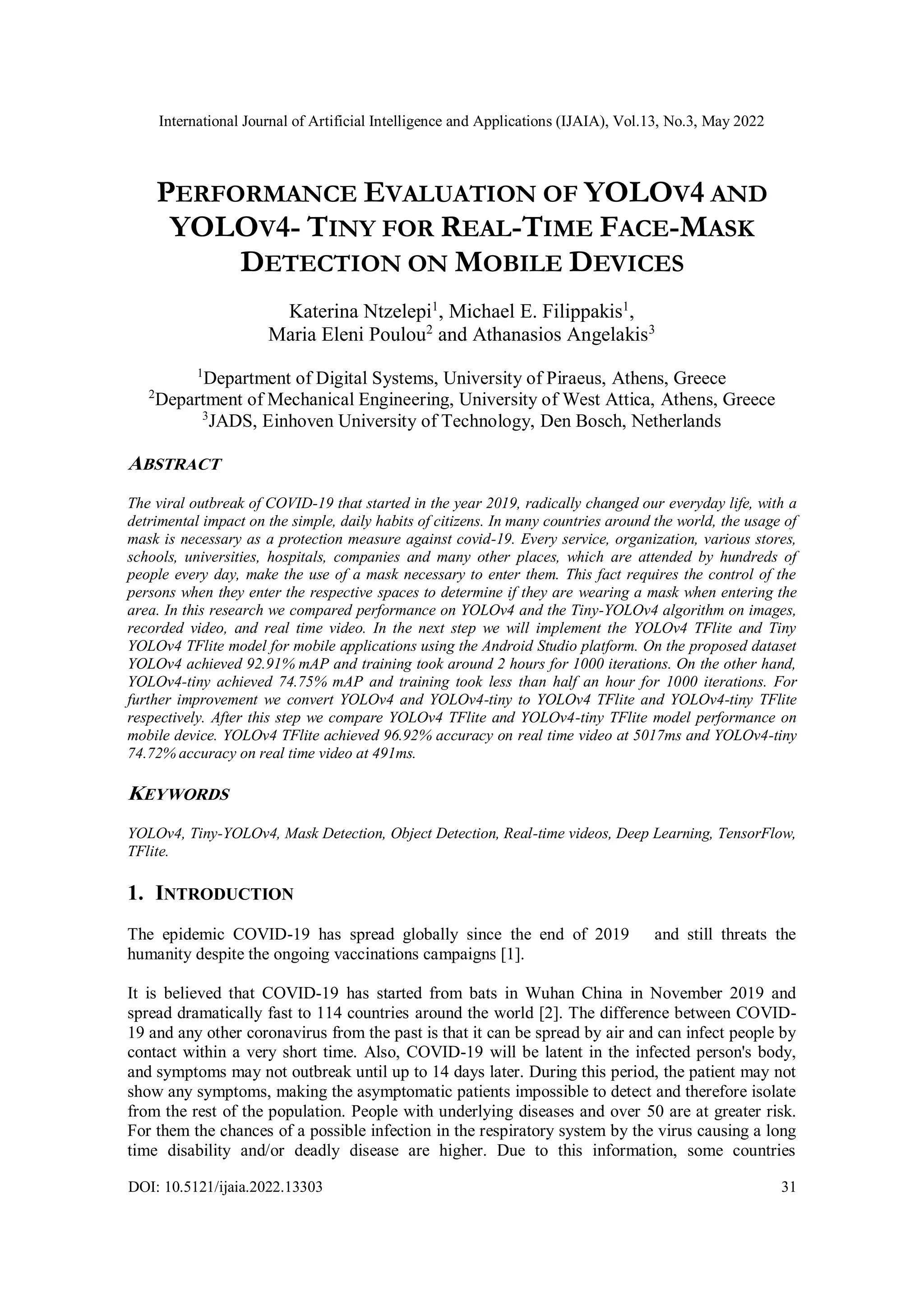 Performance Evaluation Of Yolov4 And Yolov4 Tiny For Real Time Face Mask Detection On Mobile