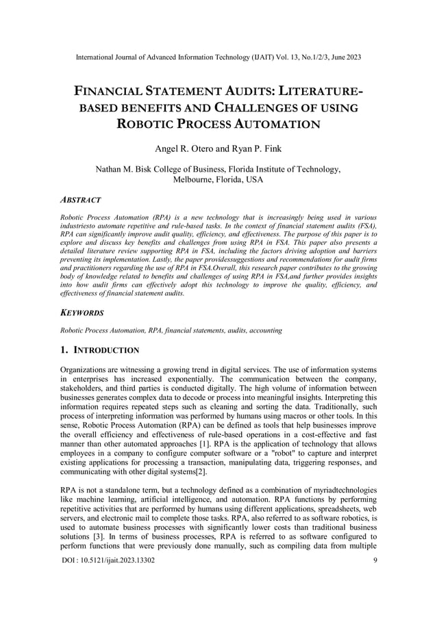 FINANCIAL STATEMENT AUDITS: LITERATUREBASED BENEFITS AND CHALLENGES OF USING ROBOTIC PROCESS ...