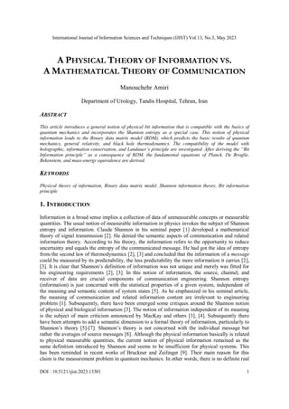 A PHYSICAL THEORY OF INFORMATION VS. A MATHEMATICAL THEORY OF COMMUNICATION | PDF