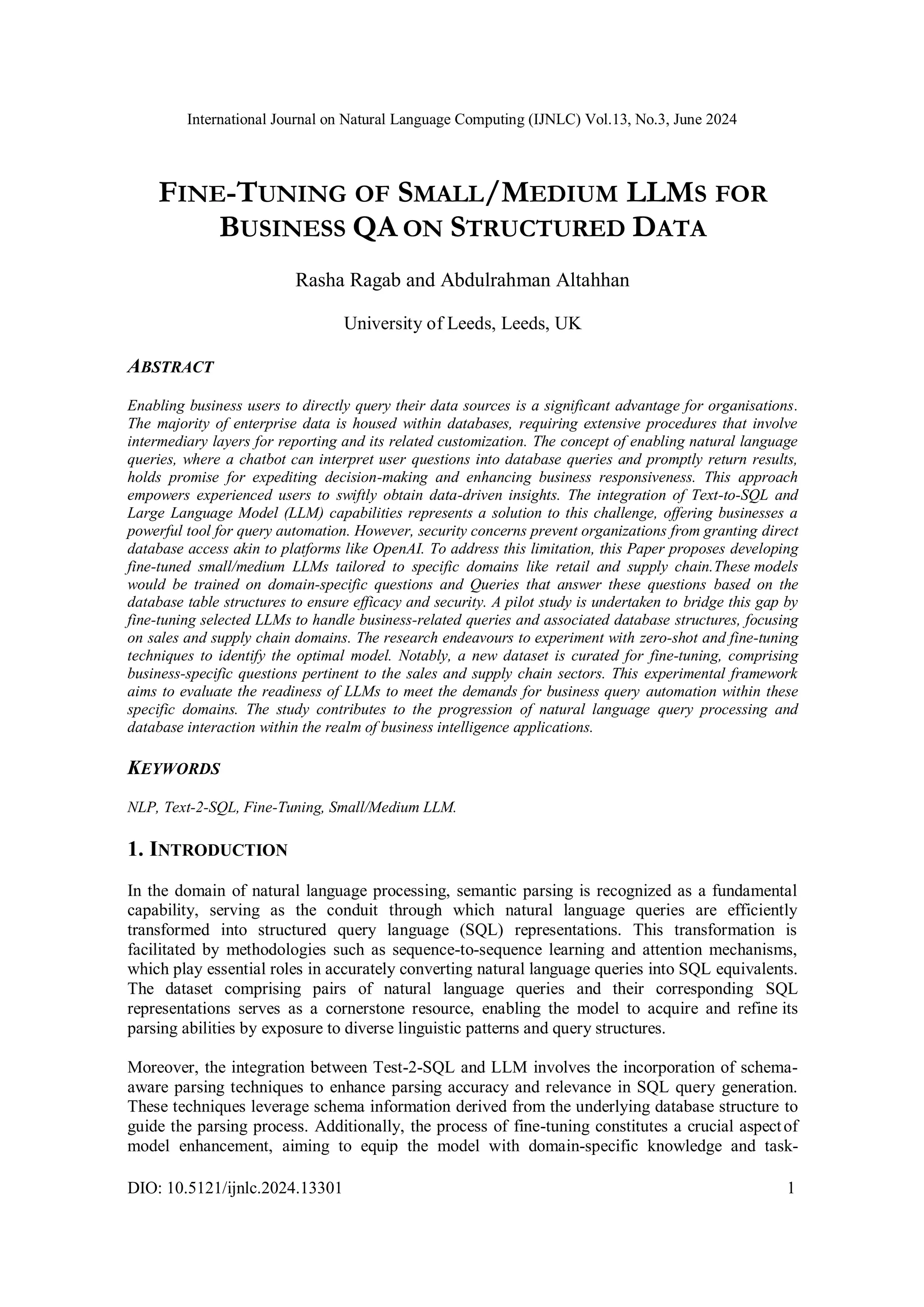 FINE-TUNING OF SMALL/MEDIUM LLMS FOR BUSINESS QA ON STRUCTURED DATA | PDF