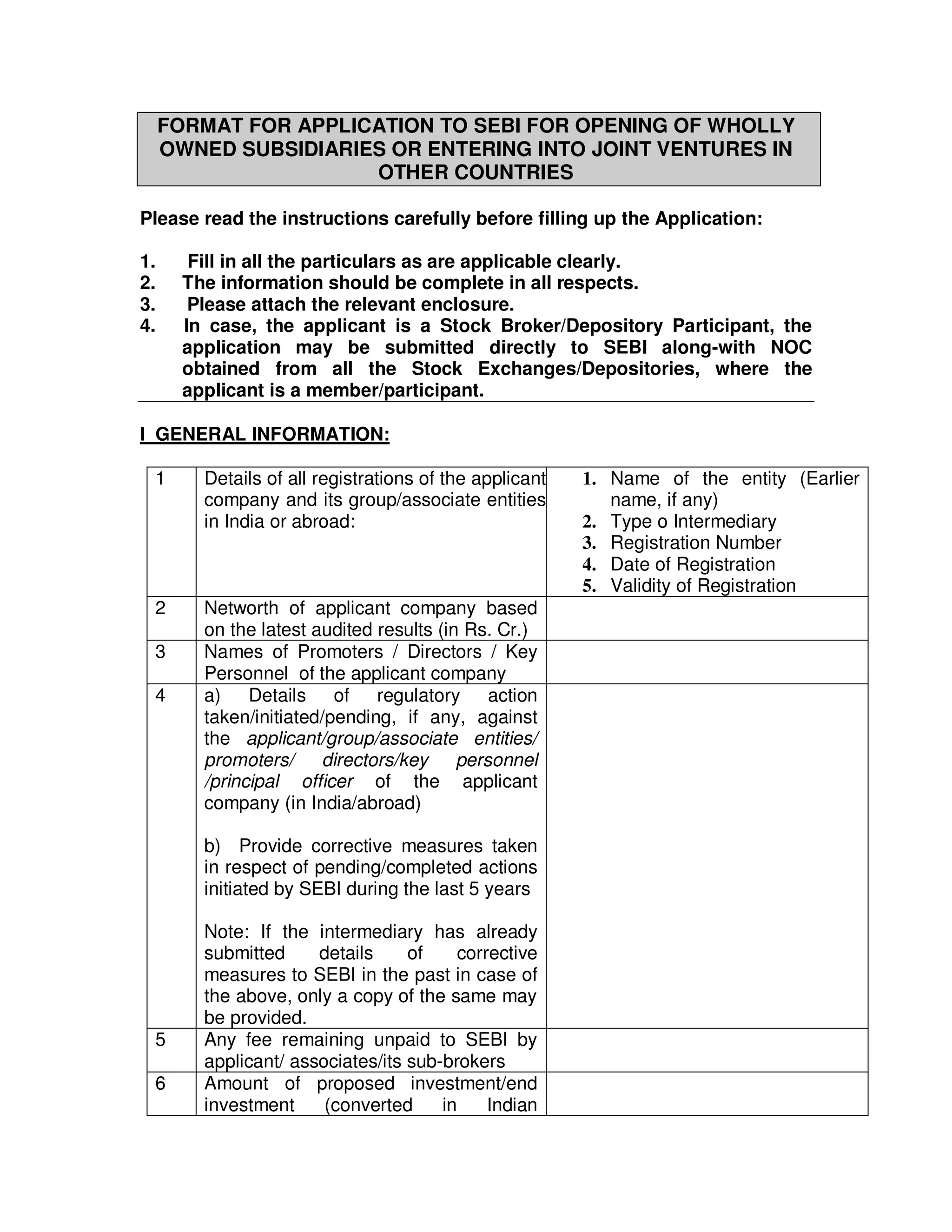 FORMAT FOR APPLICATION TO SEBI FOR OPENING OF WHOLLY OWNED SUBSIDIARIES ...