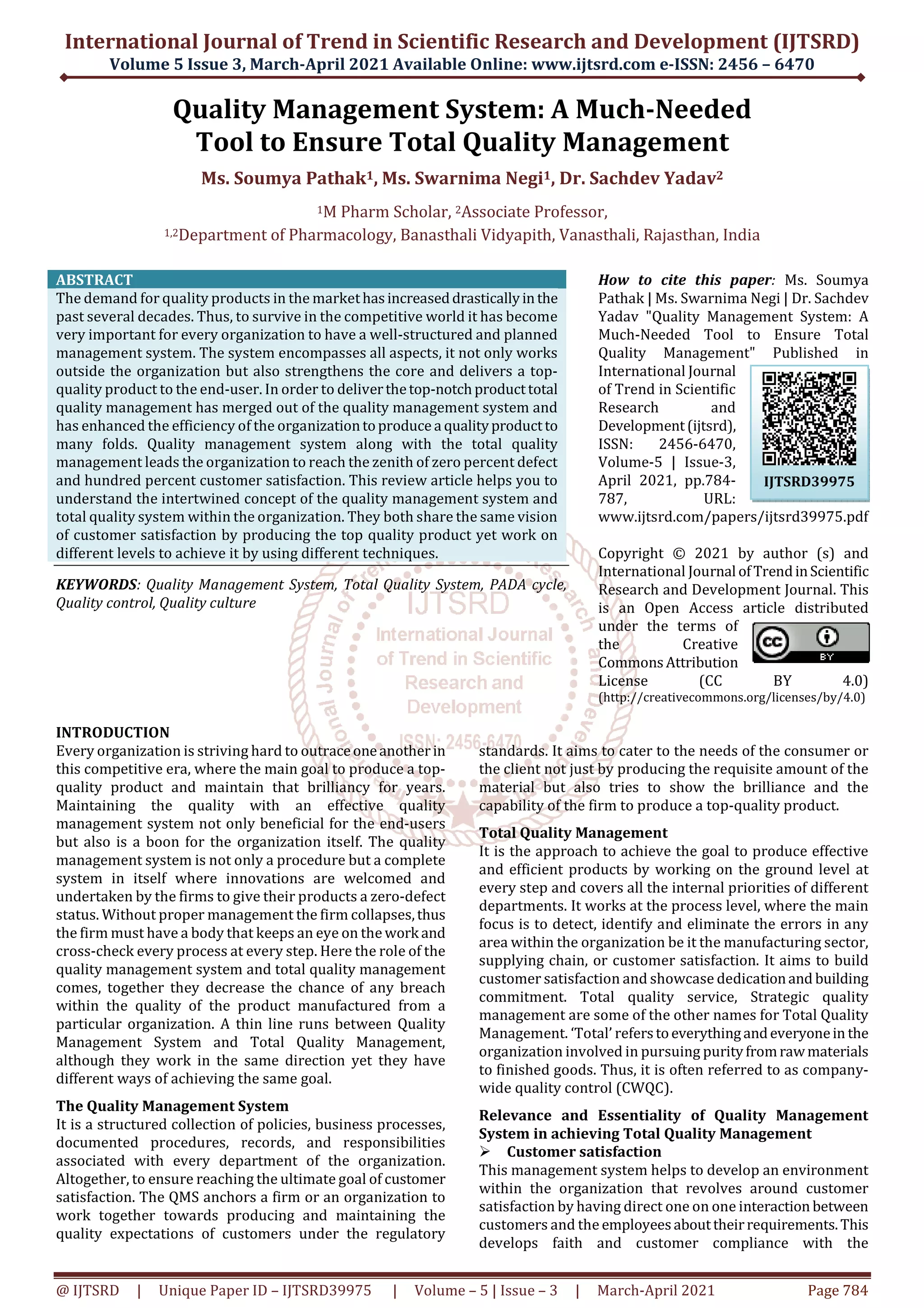 Quality Management System A Much Needed Tool to Ensure Total Quality ...