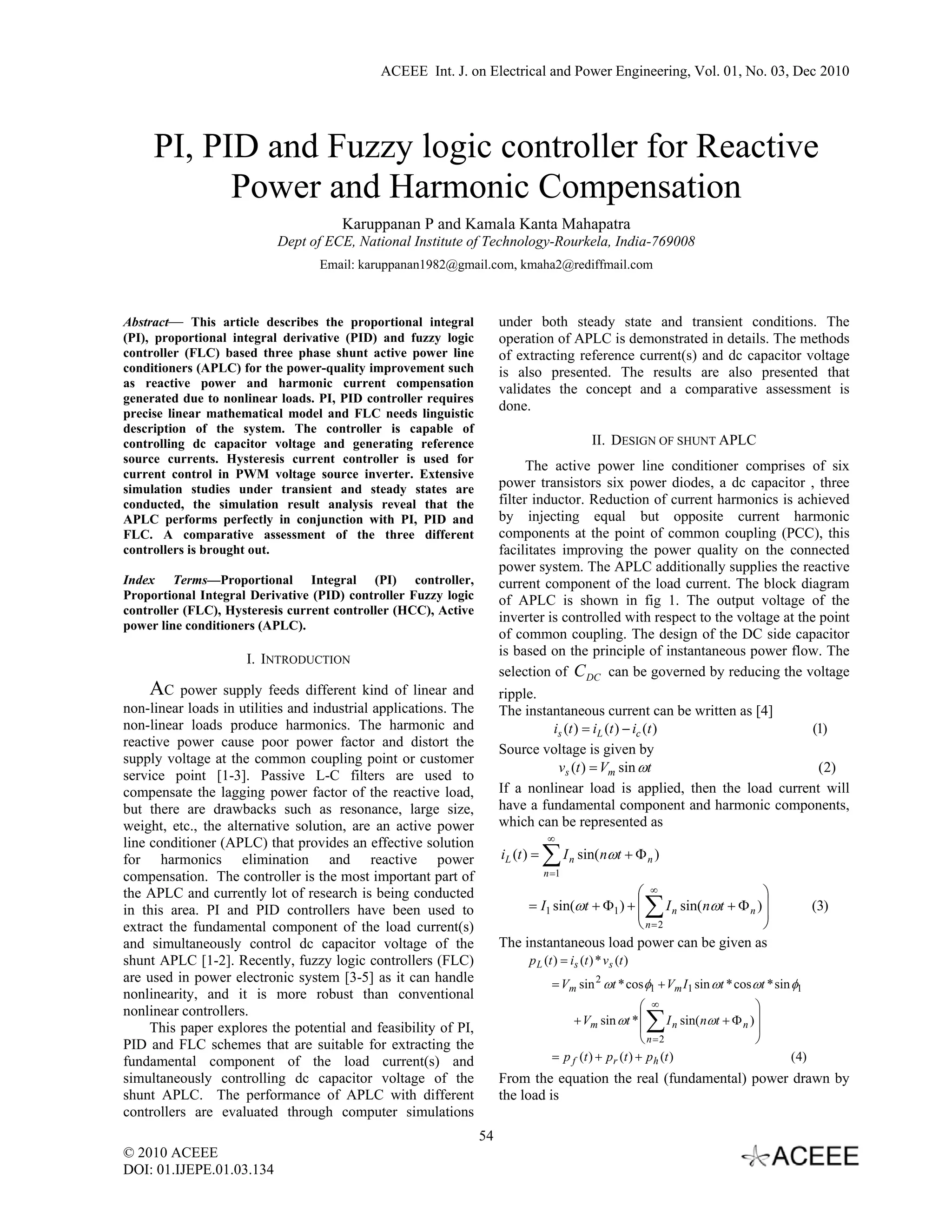 PI, PID and Fuzzy logic controller for Reactive Power and Harmonic Compensation | PDF